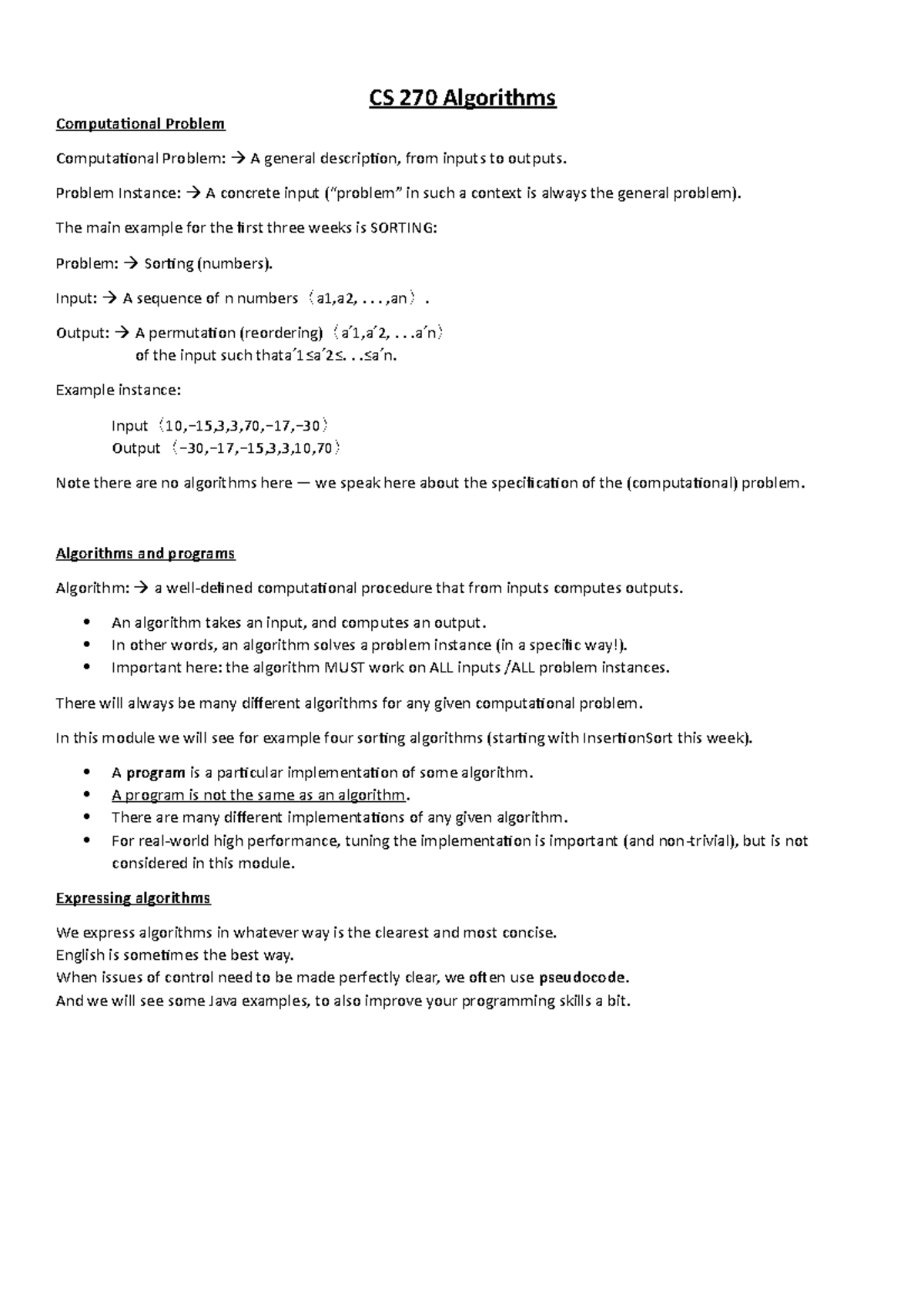 Cs270 The Whole Module Cs 270 Algorithms Computaional Problem Computaional Problem A