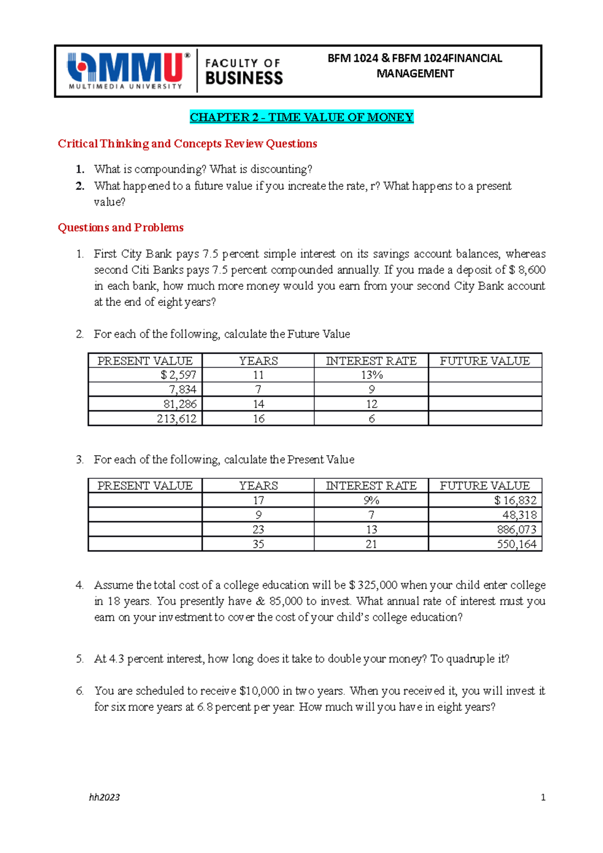 Tutorial 2 Week 3 - Time Value of Money - CHAPTER 2 - TIME VALUE OF ...