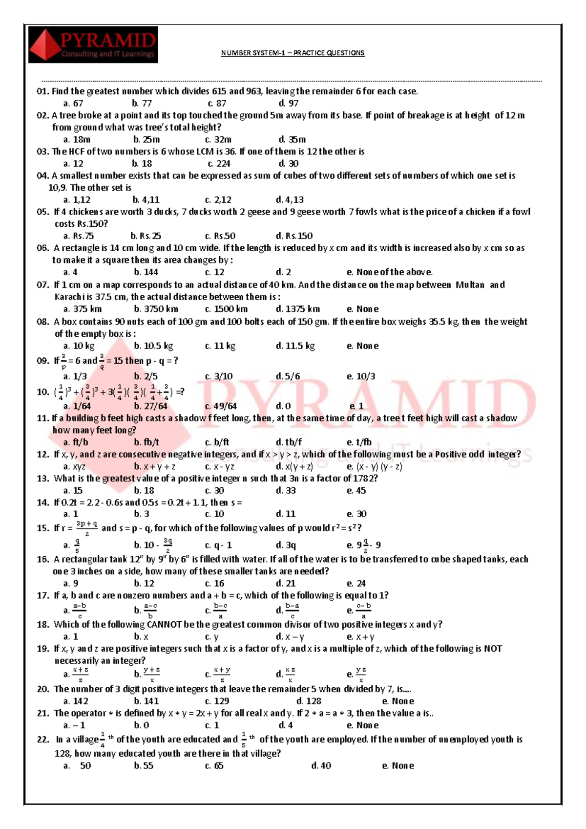 Number System Practice Sheet Pyramid Number System 1 Practice Questions 0 1 Find The
