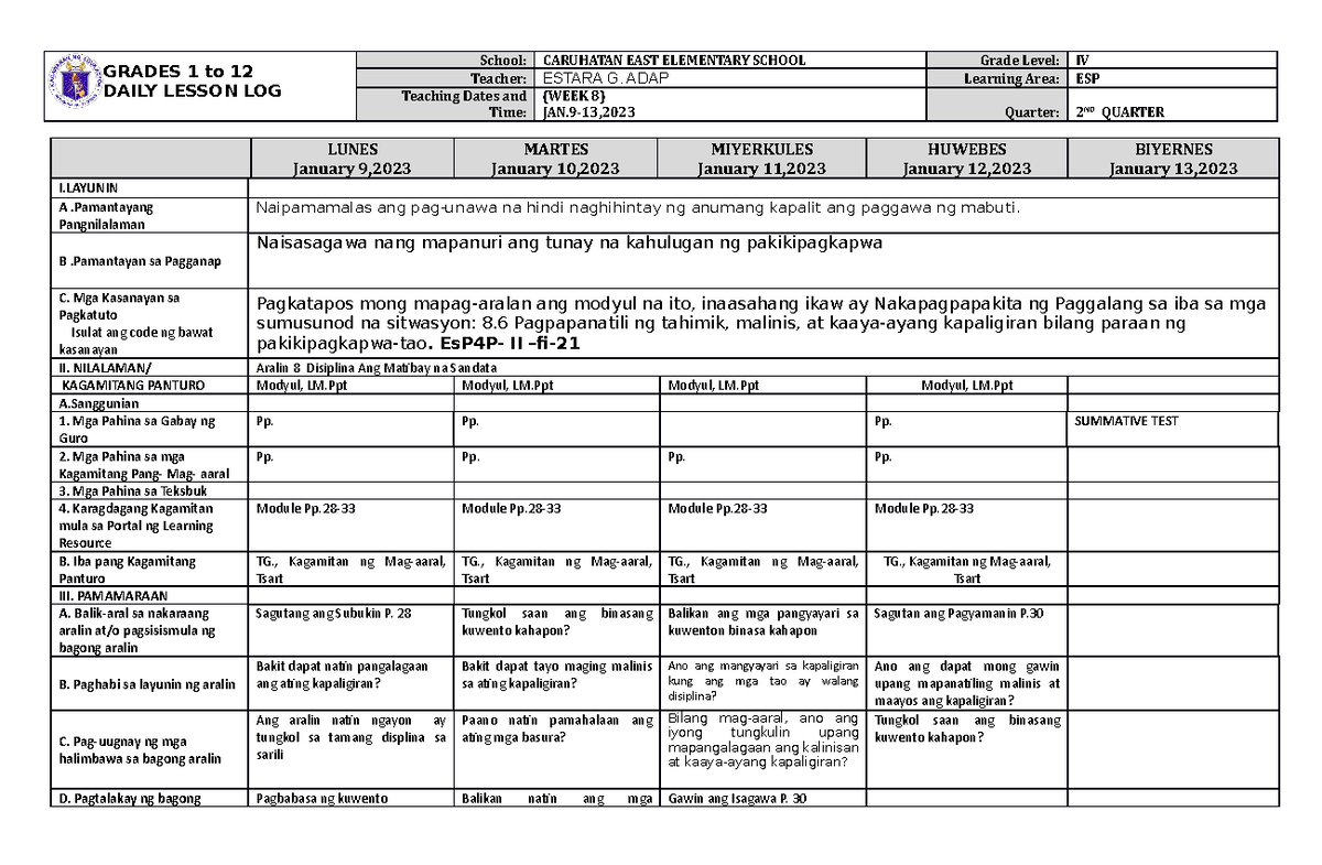 DLL ESP-4 Q2 W8 - fdddd - GRADES 1 to 12 DAILY LESSON LOG School ...