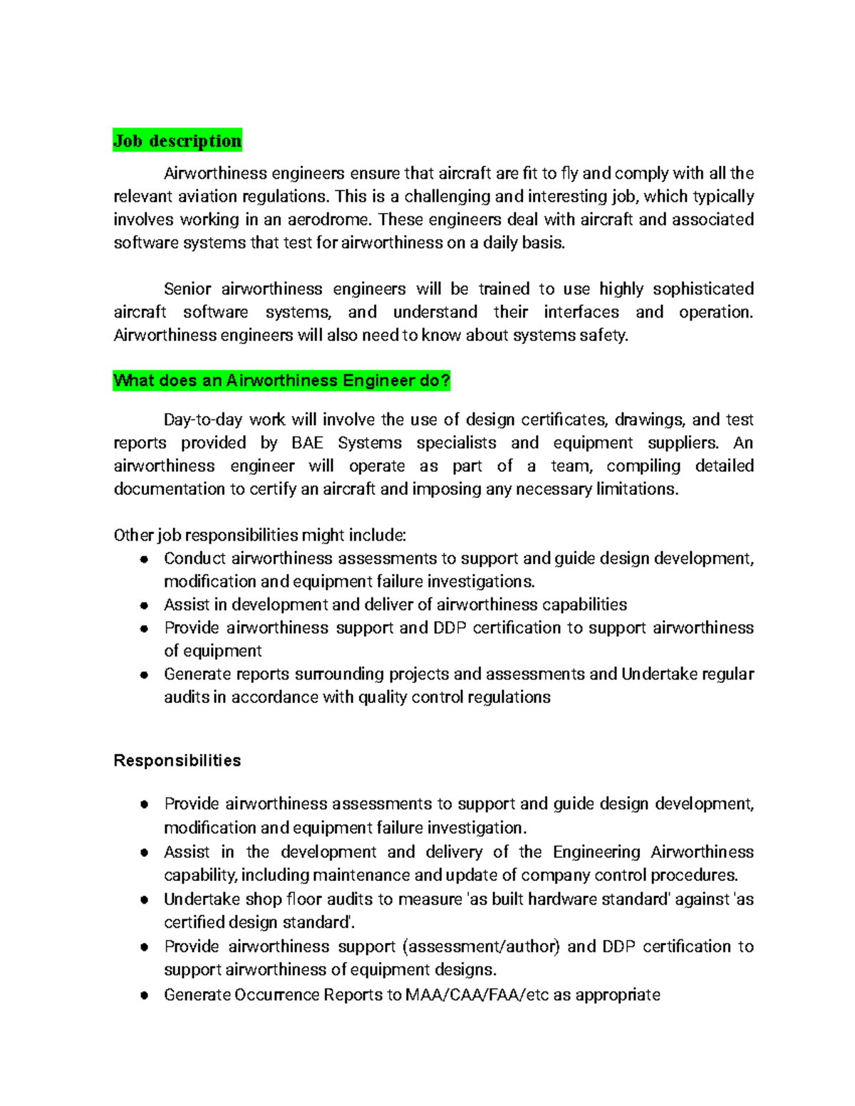 Airworthiness Engineer notes - Job description Airworthiness engineers ...