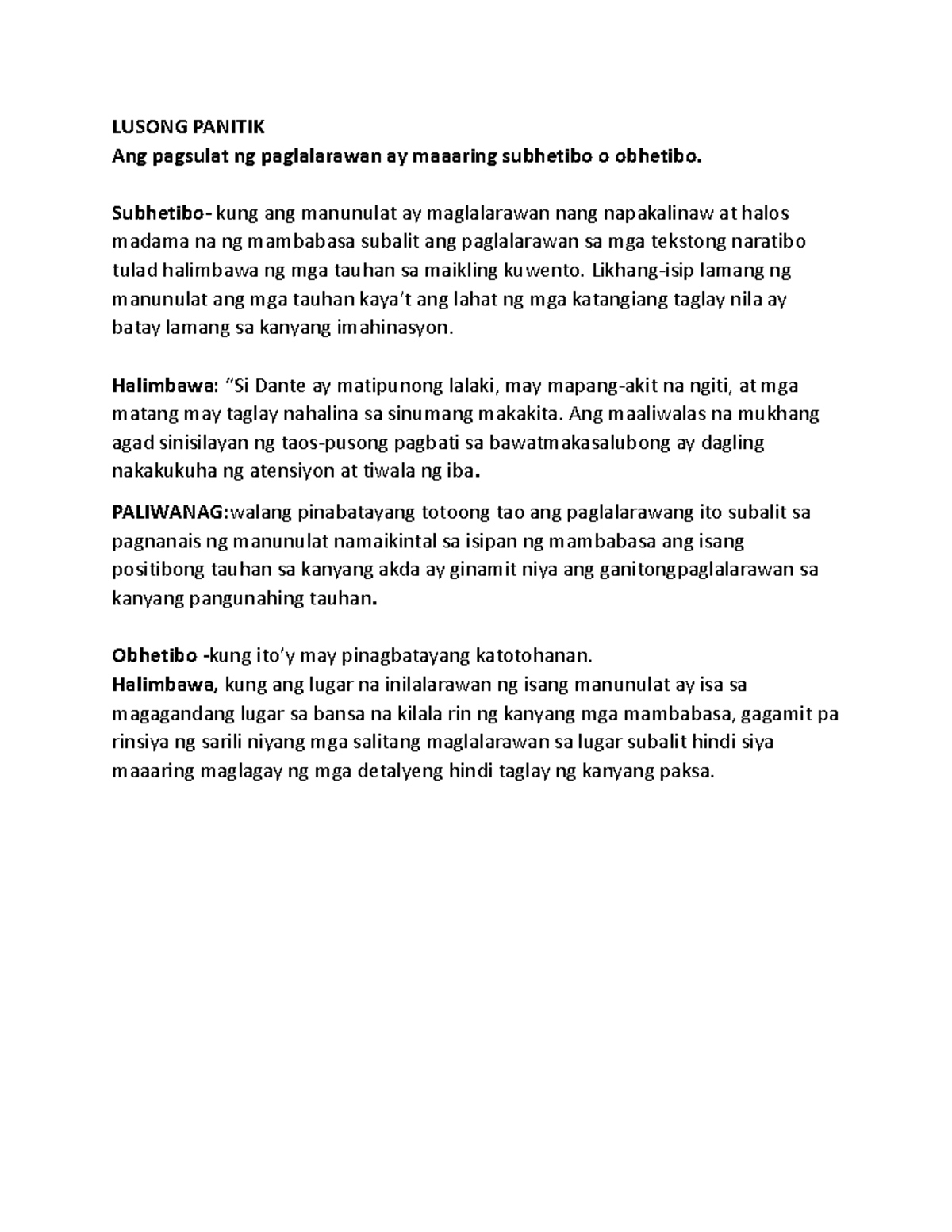 Ano Ang Pananaw ge11 rprt - LUSONG PANITIK Ang pagsulat ng paglalarawan ...