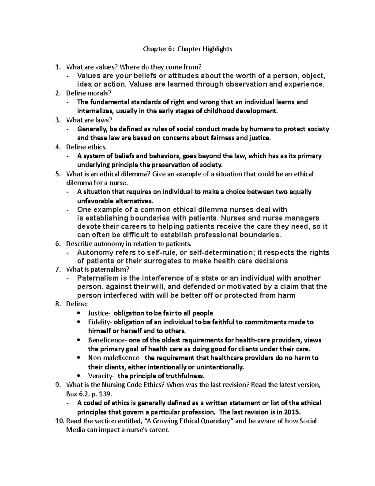 Chapter 6 Highlights - Chapter 6: Chapter Highlights What are values ...