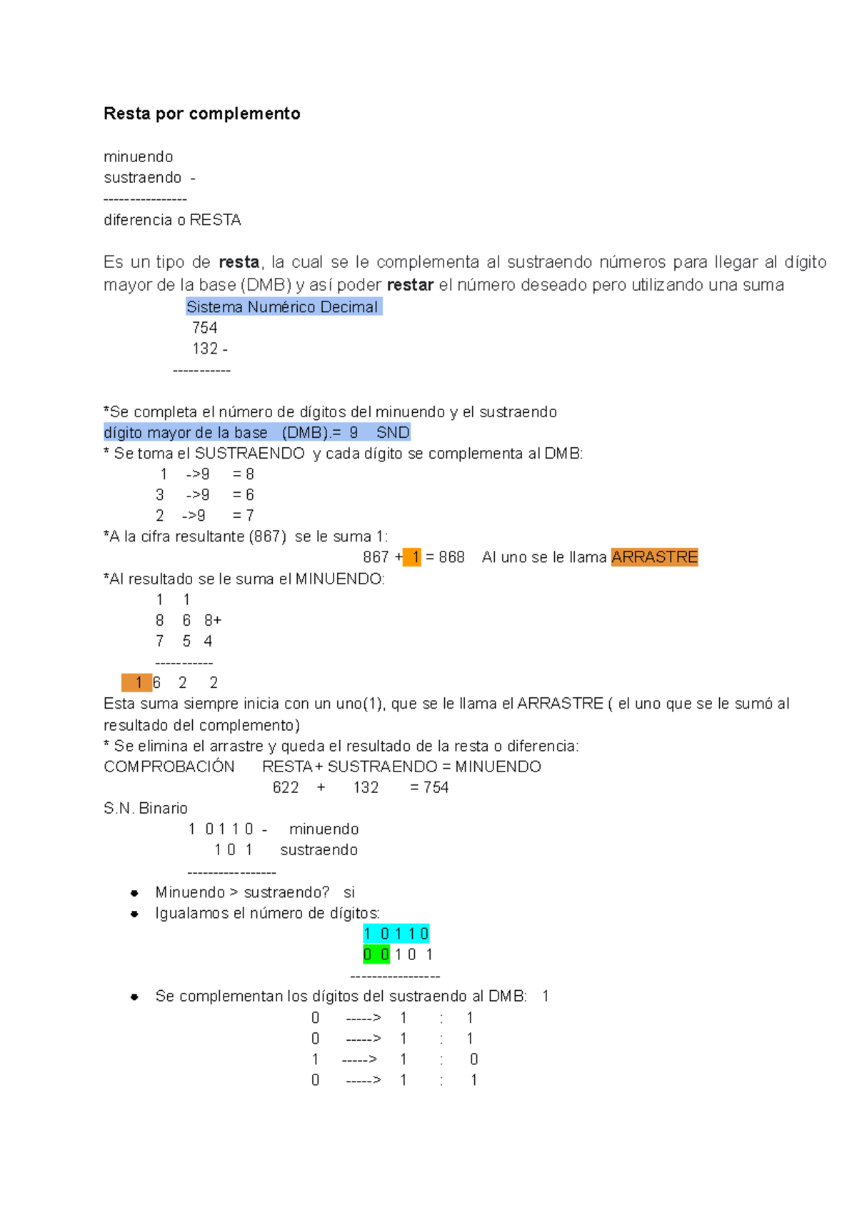 Resta por complemento - Resta por complemento minuendo sustraendo ...