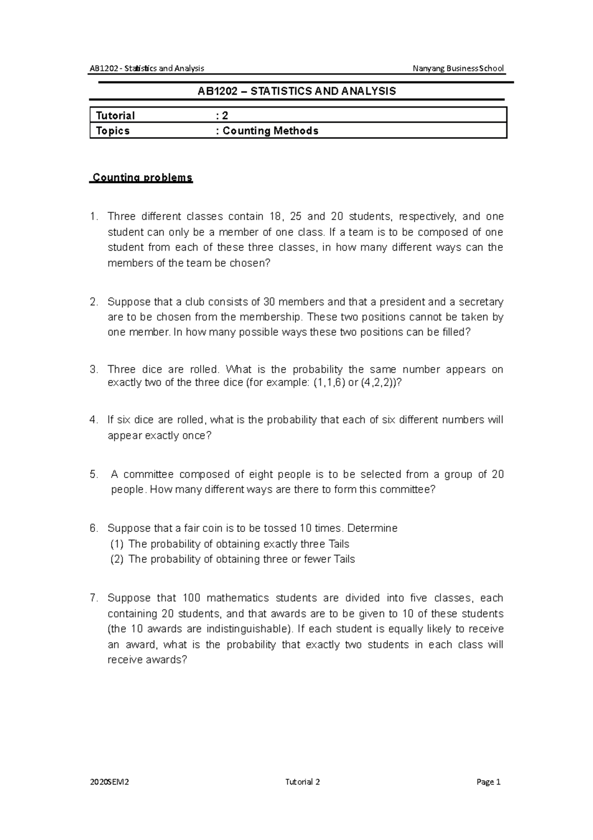 Tutorial Assignment Questions week 2(1) - AB1202 - Statistics and ...