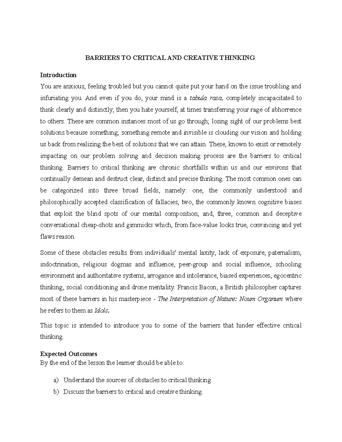 Barriers TO Critical AND Creative Thinking - BARRIERS TO CRITICAL AND ...