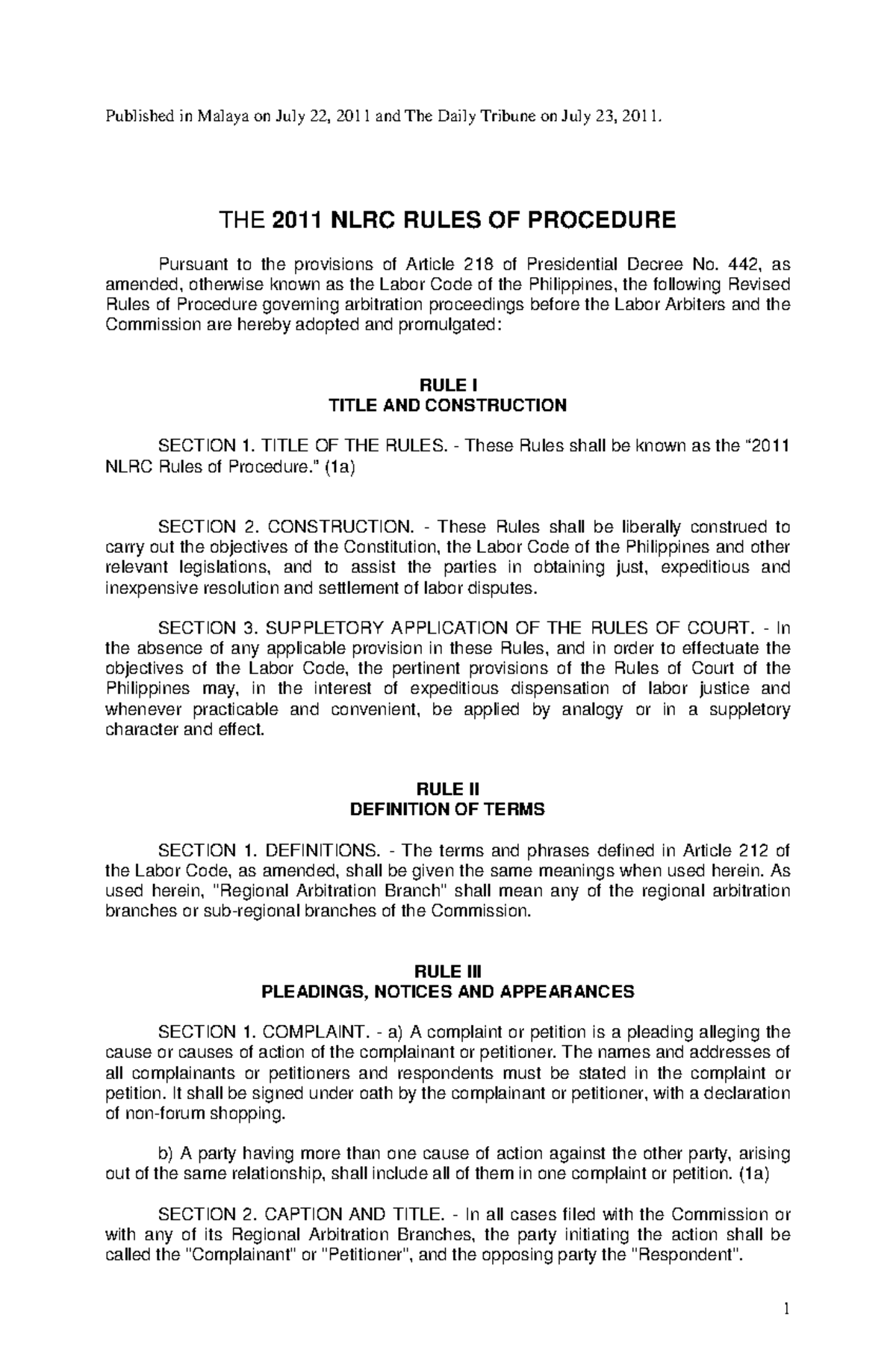 NLRC Rules of Procedure 2011 - Published in Malaya on July 22, 2011 and ...