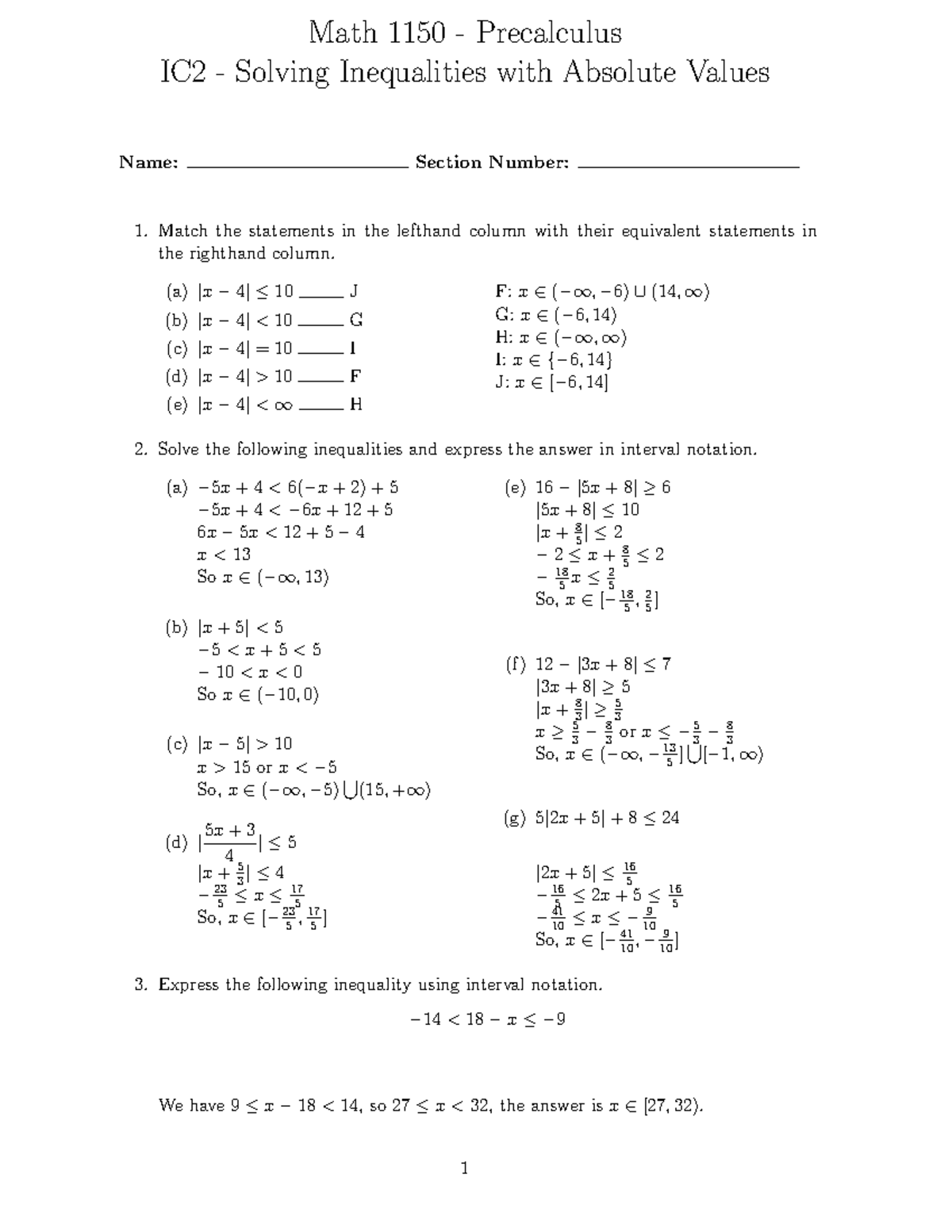 Solving Inequalities with Absolute Values - (a) |x − 4 | ≤ 10 J (b) |x ...