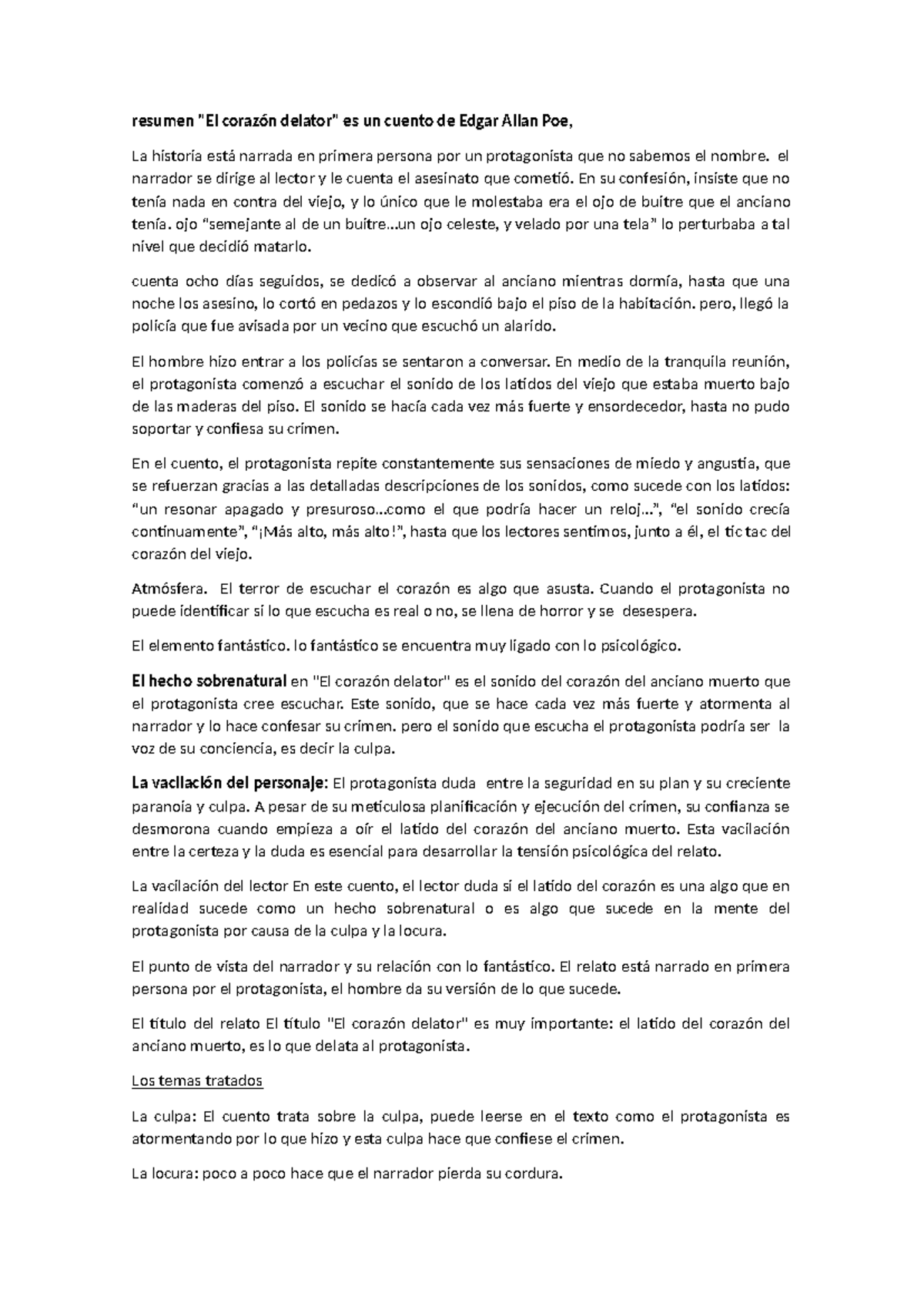 Resumen del cuento Imprimir - resumen "El corazón delator" es un cuento ...