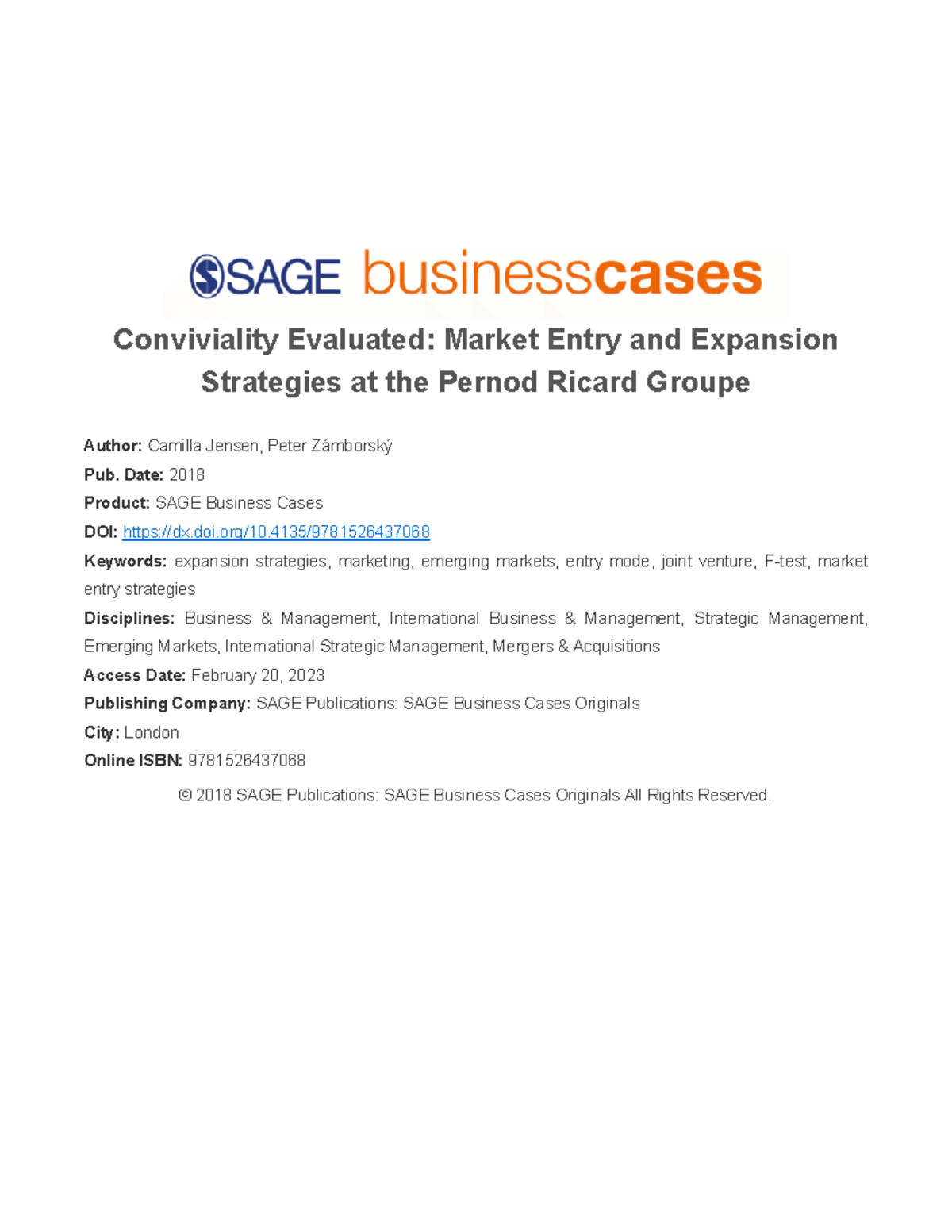 Conviviality-evaluated-market-entry-expansion-pernod-ricard-group Sage Case-1 - Conviviality ...