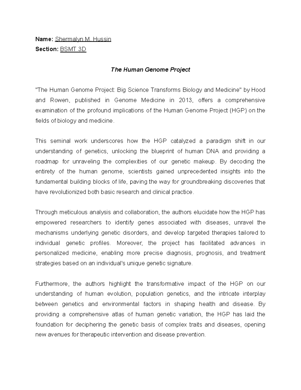 Shermalyn hussin - The Human Genome Project - Name: Shermalyn M. Hussin ...