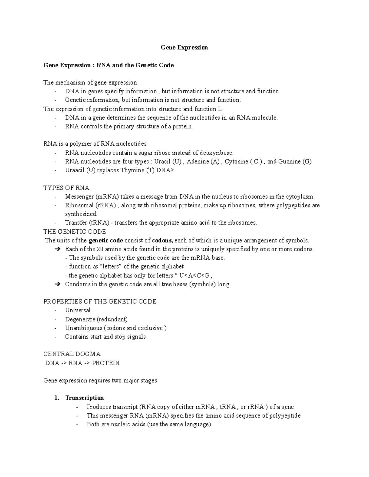 Gene Expression Part 1 - Gene Expression Gene Expression : RNA and the ...