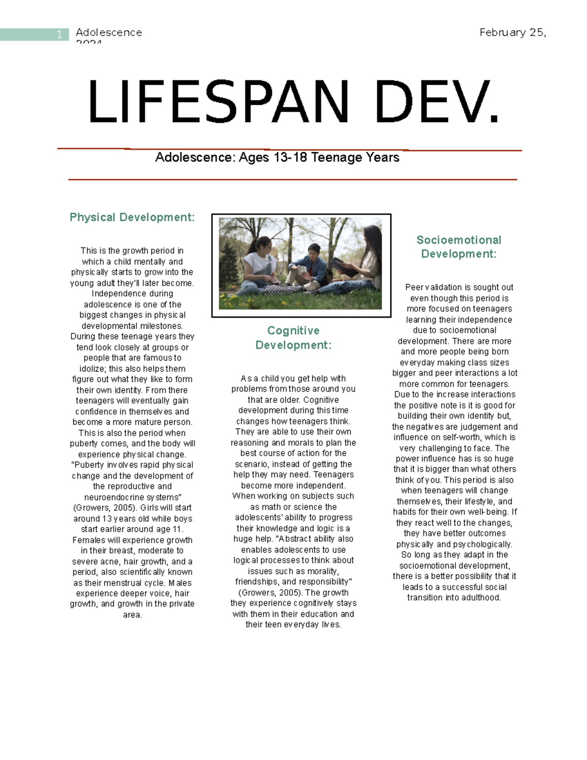 Developmental Newsletter - ####### 2024 LIFESPAN DEV. Adolescence: Ages ...