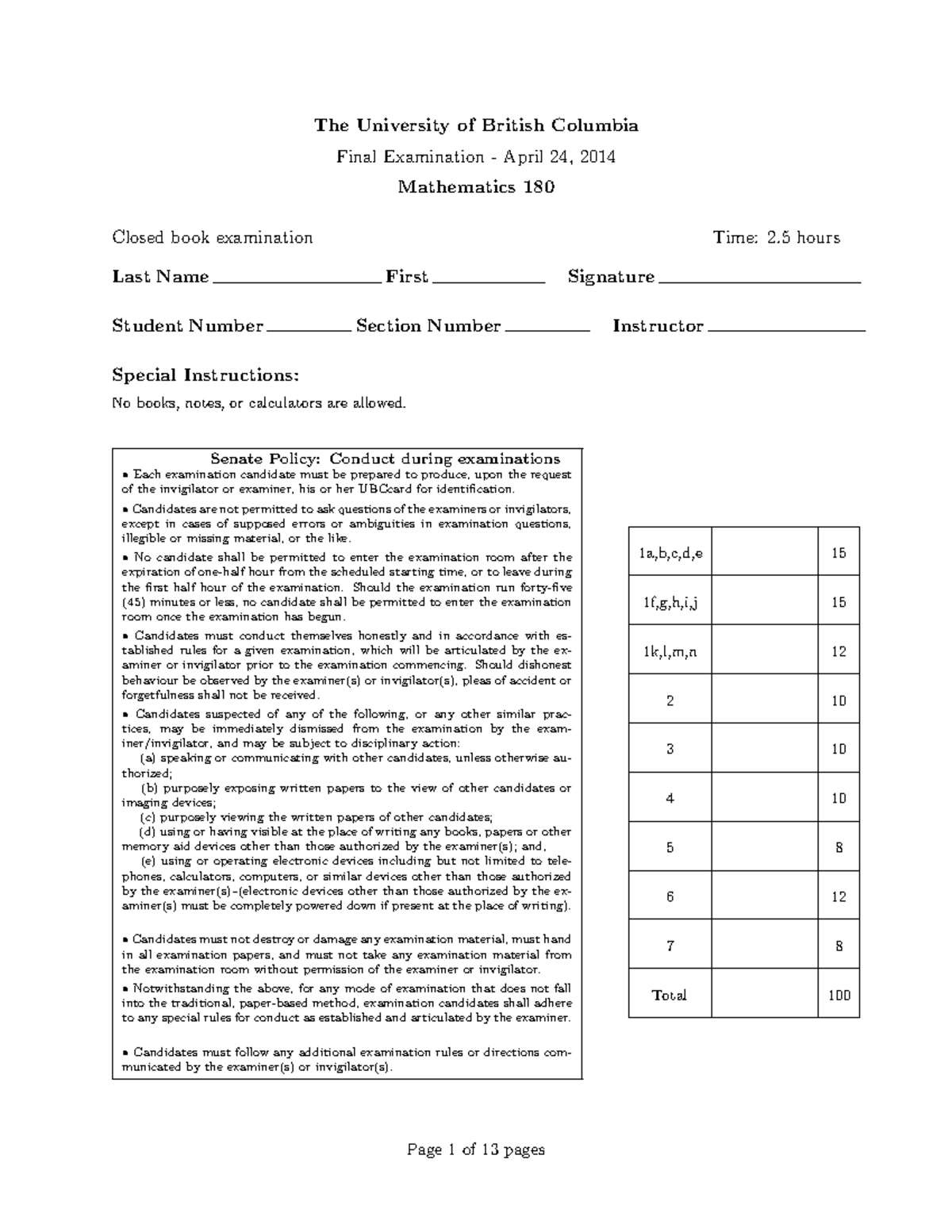 Exam 4 June 2013, questions and answers - The University of British ...