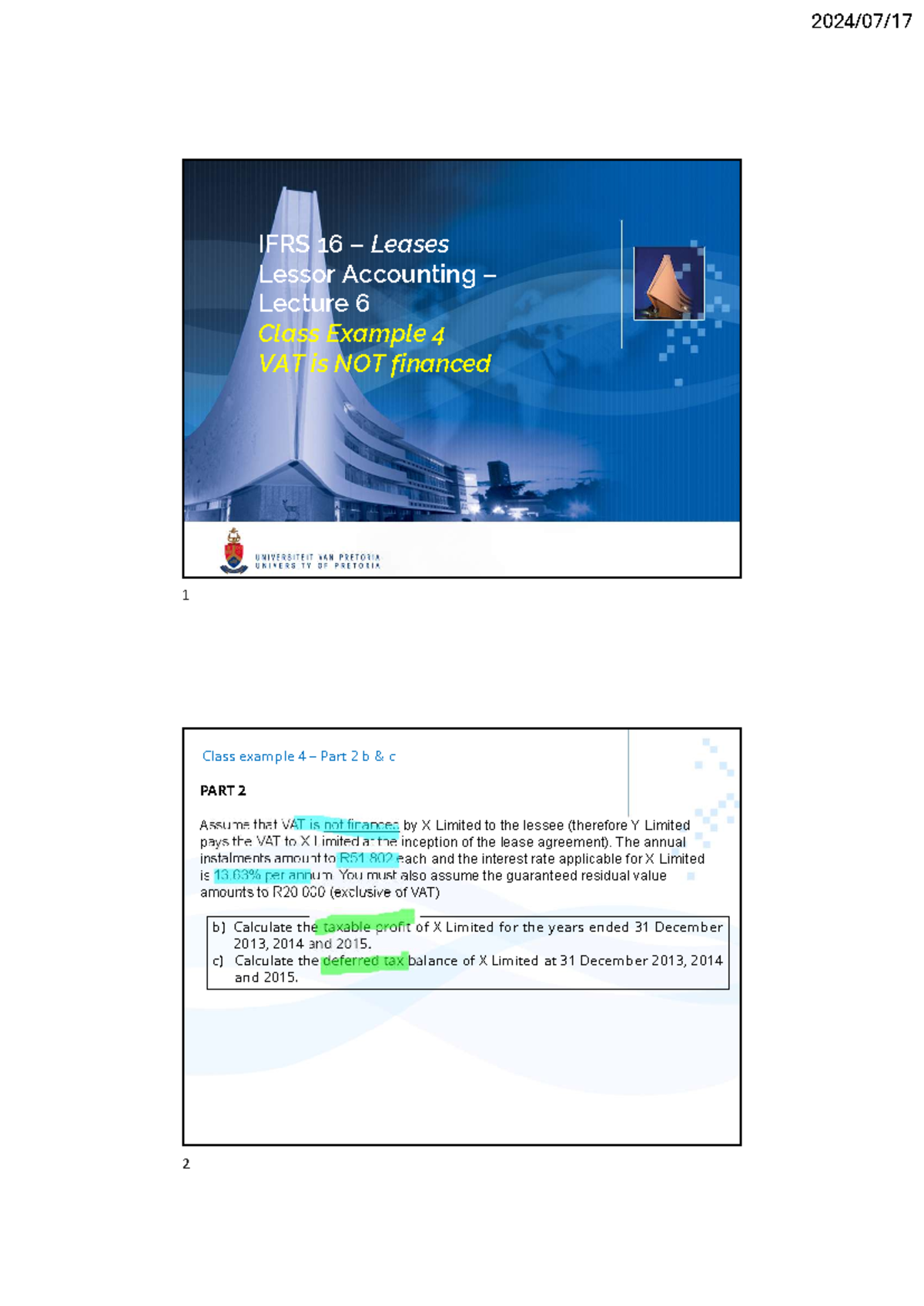 BAC 300 IFRS 16 Lessor lecture 6 2024 - IFRS 16 – Leases Lessor Accounting – Lecture 6 Class ...