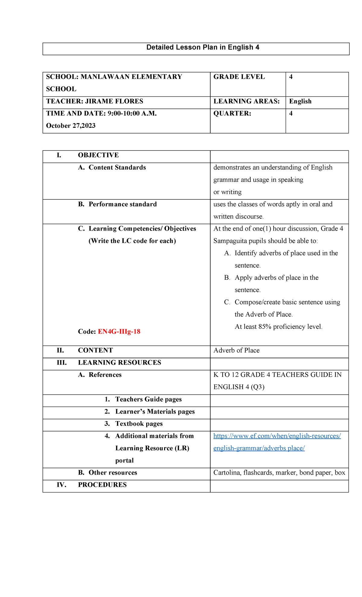 Detailed Lesson Plan in English 4 Quarter 3 final - Detailed Lesson ...