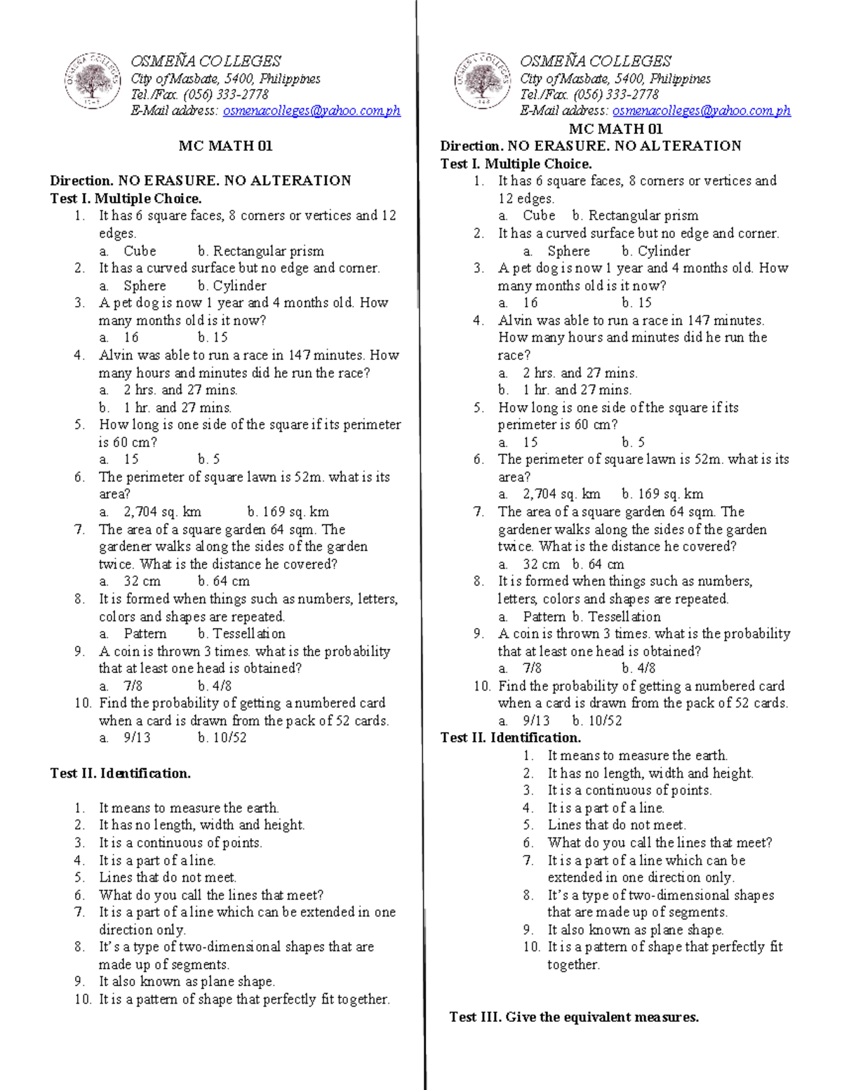 Mc math 1 midterm quiz - quiz in mc math - MC MATH 01 Direction. NO ...