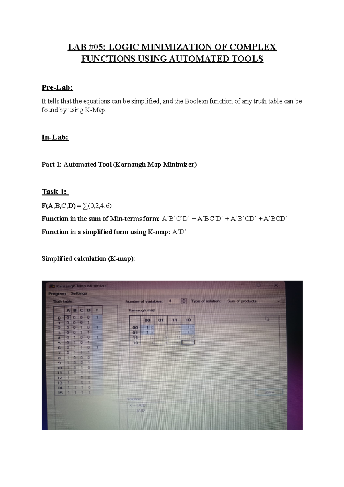 LAB 5 of digital logic design - LAB #05: LOGIC MINIMIZATION OF COMPLEX FUNCTIONS USING AUTOMATED ...
