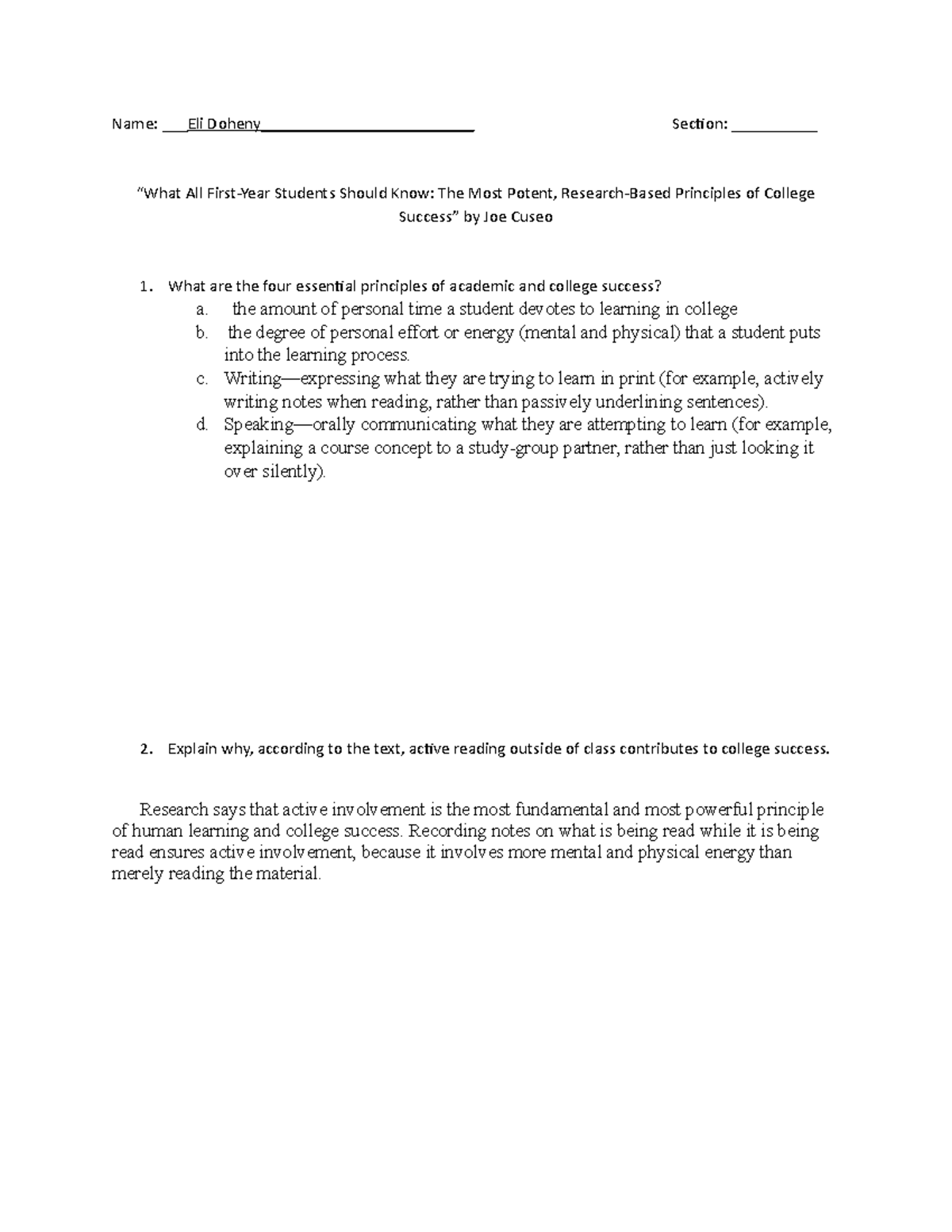 Cuseo Assignment - work help - Name: Eli Doheny ...