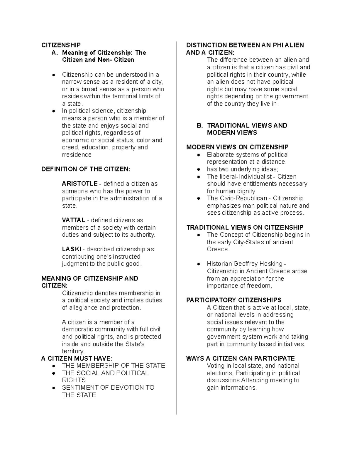 Citizenship - Lecture notes - CITIZENSHIP A. Meaning of Citizenship ...