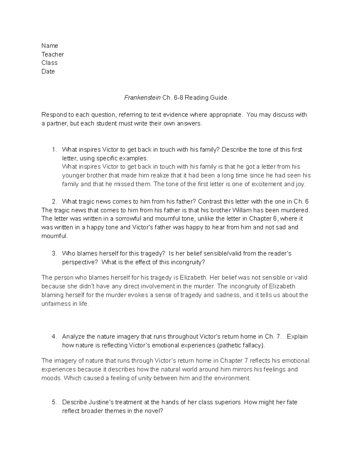 E4 - Frankenstein Ch. 6-8 Reading Guide - Name Teacher Class Date ...