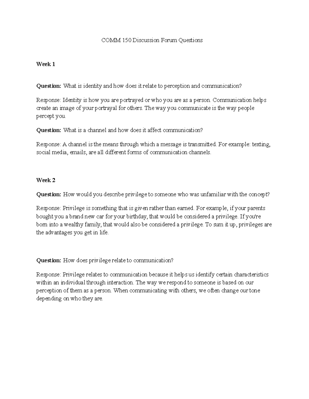 COMM 150 Discussion Forum Questions Week 1 -Week4 - COMM 150 Discussion ...