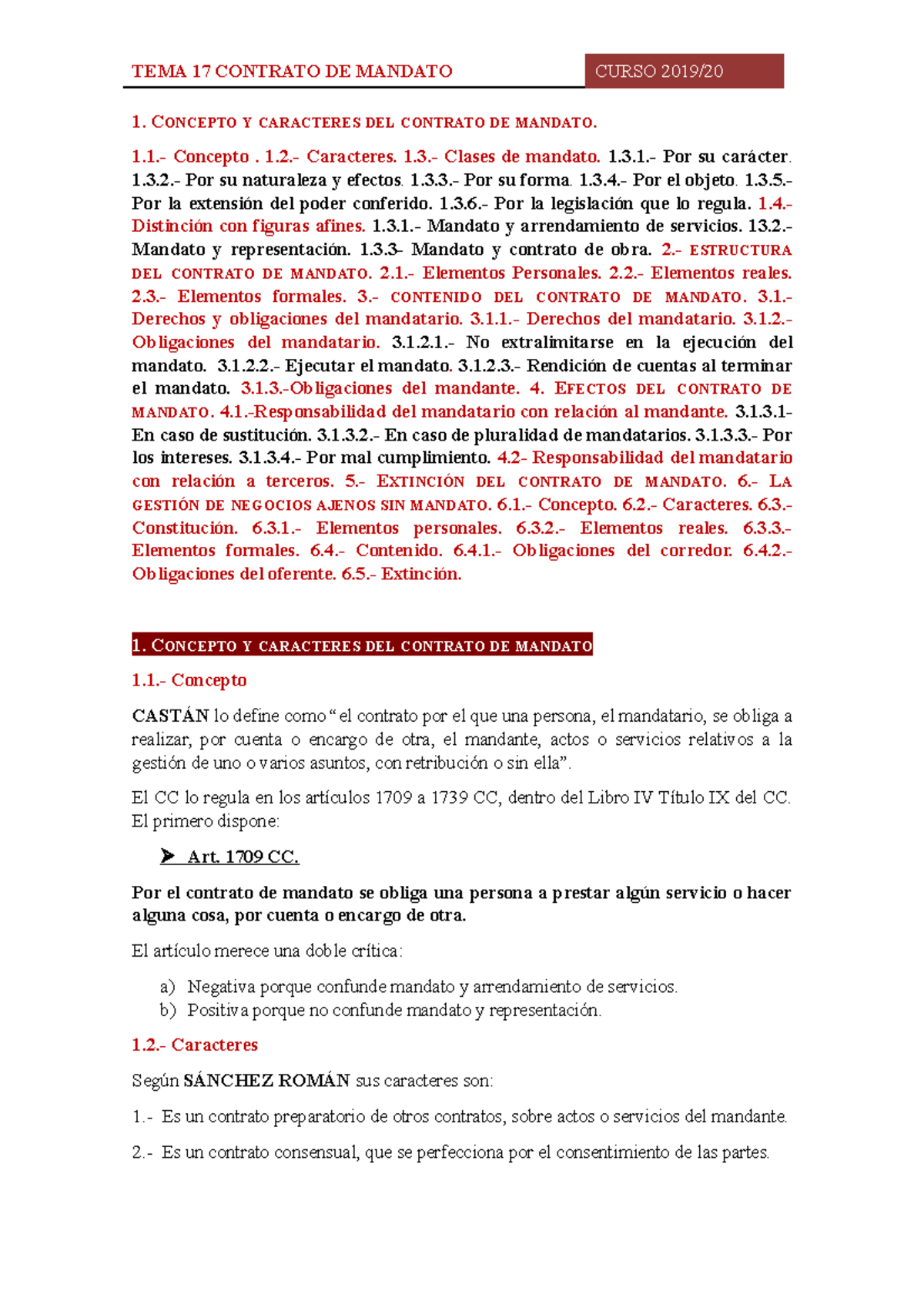 TEMA 17 EL Contrato DE Mandato - 1. CONCEPTO Y CARACTERES DEL CONTRATO ...