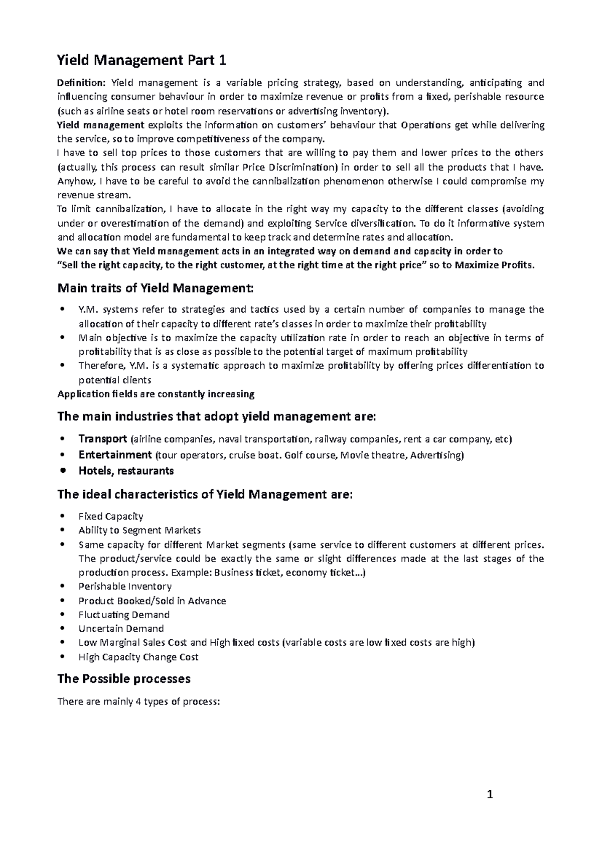 1. Yield management - Part 1 - Yield Management Part 1 Definition ...