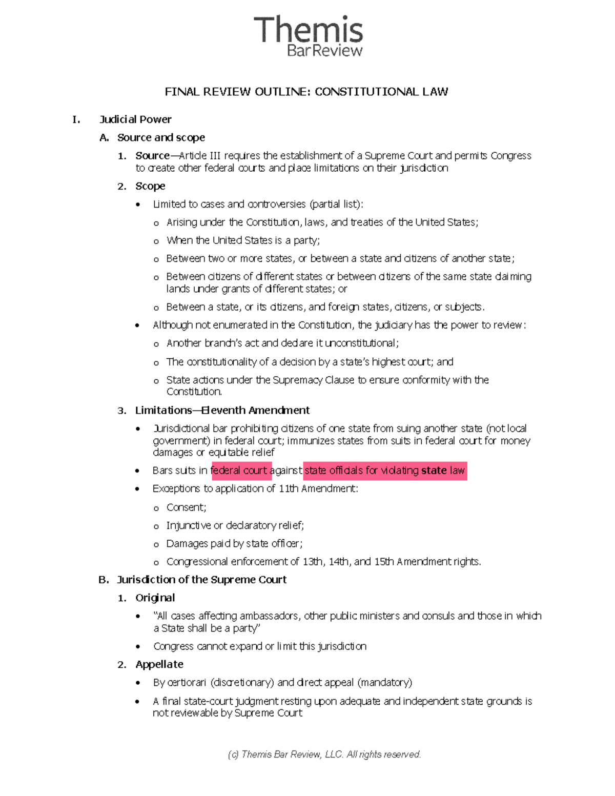 MBE.o - bar prep - FINAL REVIEW OUTLINE: CONSTITUTIONAL LAW I. Judicial Power A. Source and ...