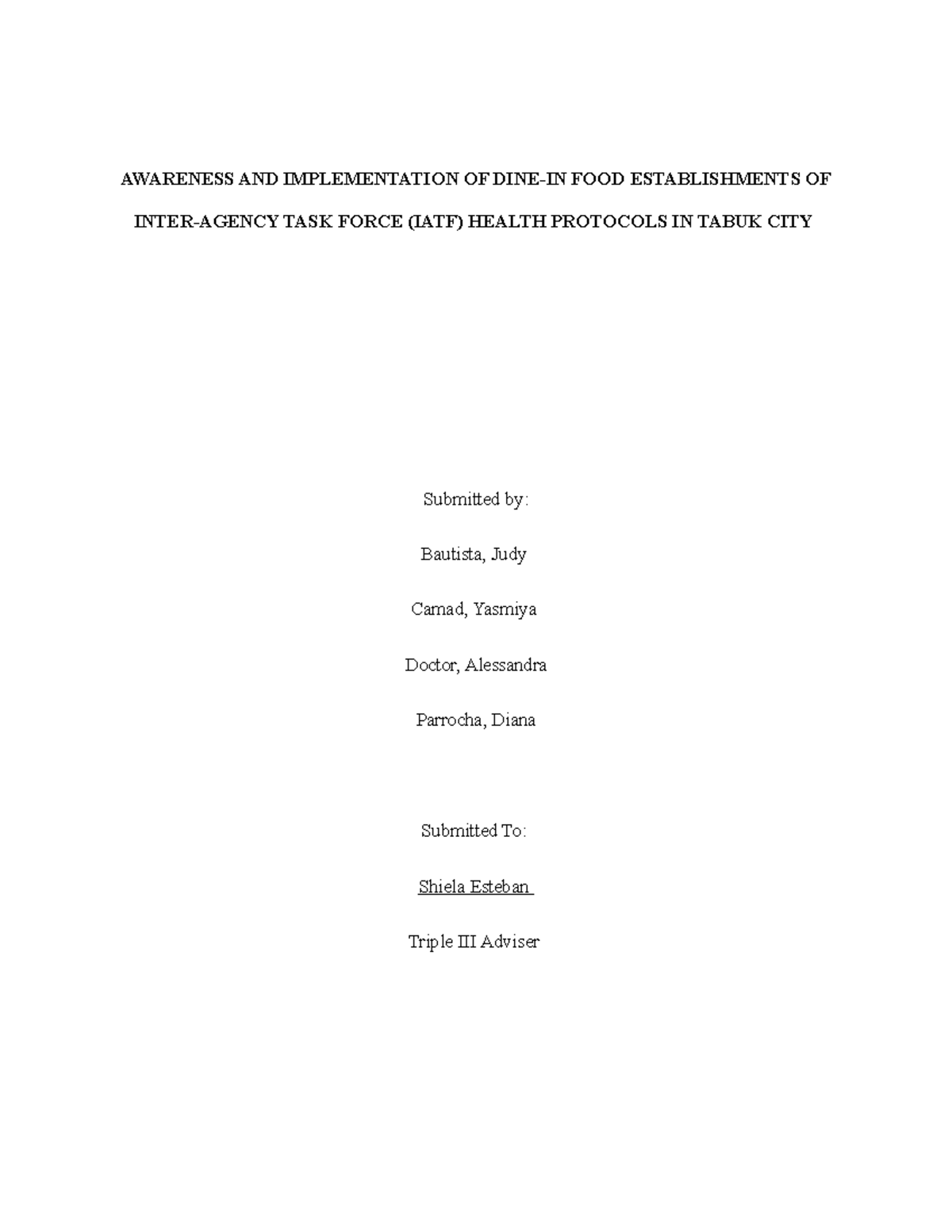 Tripple III - research paper - AWARENESS AND IMPLEMENTATION OF DINE-IN ...