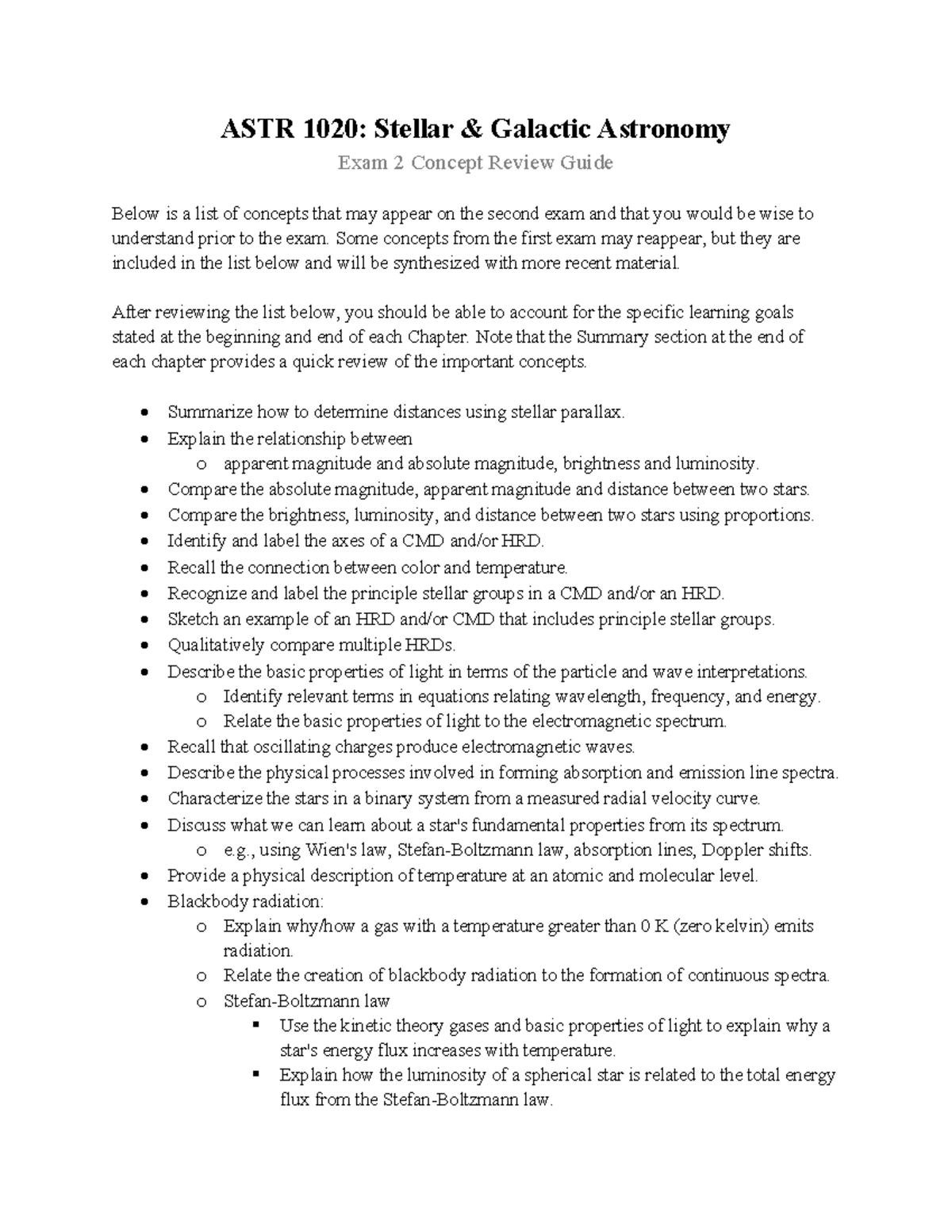 ASTR 1020 Exam 2 Study Guide - ASTR 1020: Stellar & Galactic Astronomy Exam 2 Concept Review ...