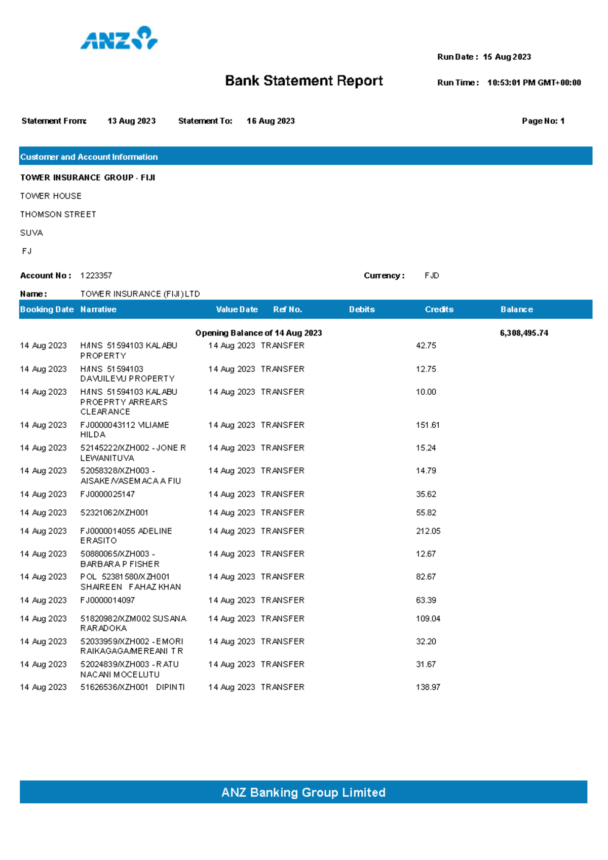 ANZ - Learning materials - Bank Statement Report Statement From: 13 Aug ...