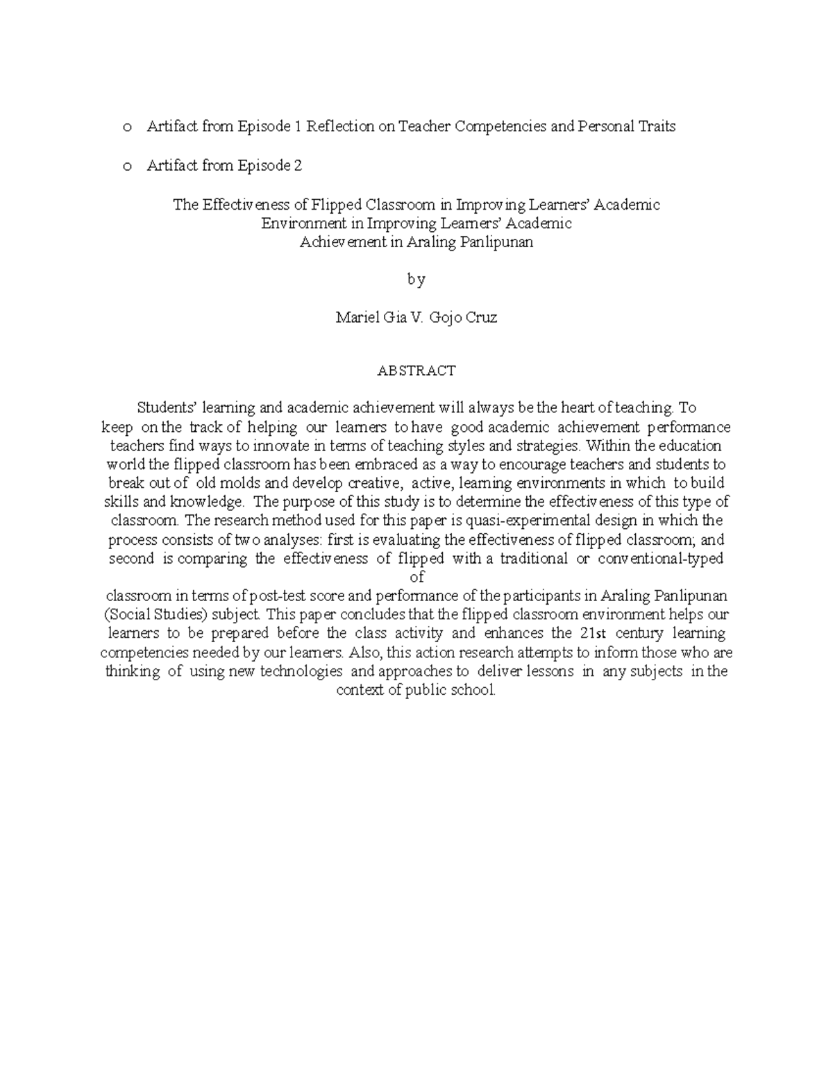 Artifact from Episode 1 Reflection on Teacher Competencies and Personal ...