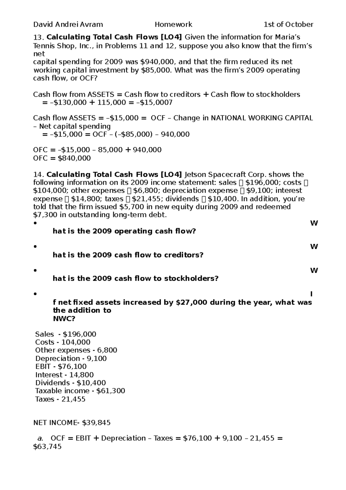 Ffmgi Chapter 1 Homework Calculating Total Cash Flows LO4 Given