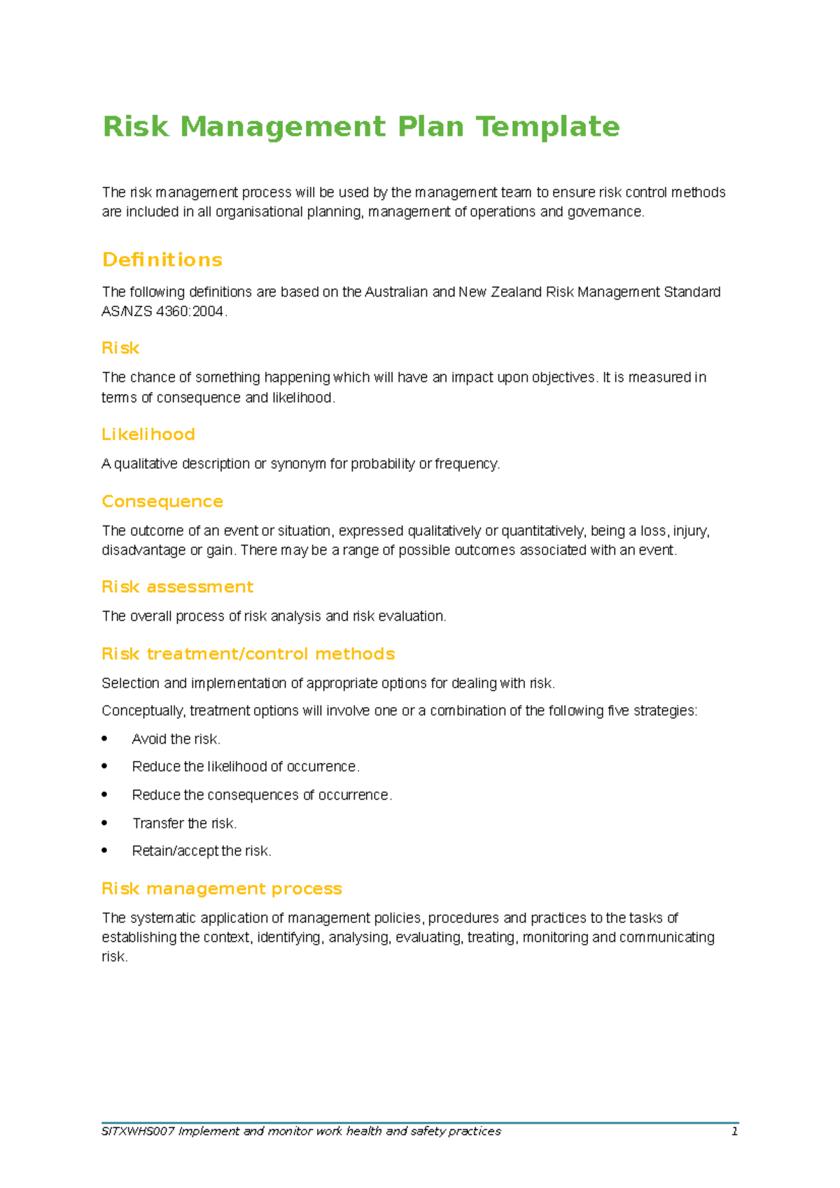 Sitxwhs 007 Risk Management Plan Template - Risk Management Plan ...