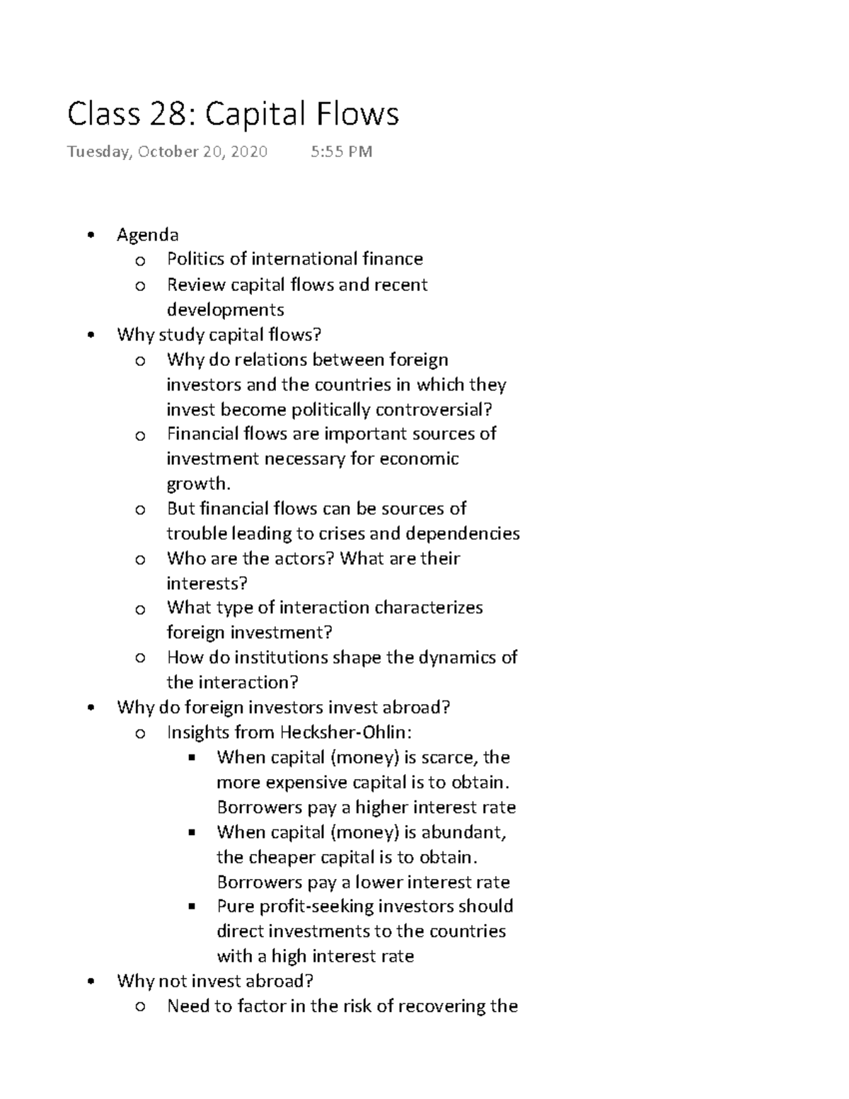 Class 28 Capital Flows - Agenda ï Politics of international finance Review capital flows and ...