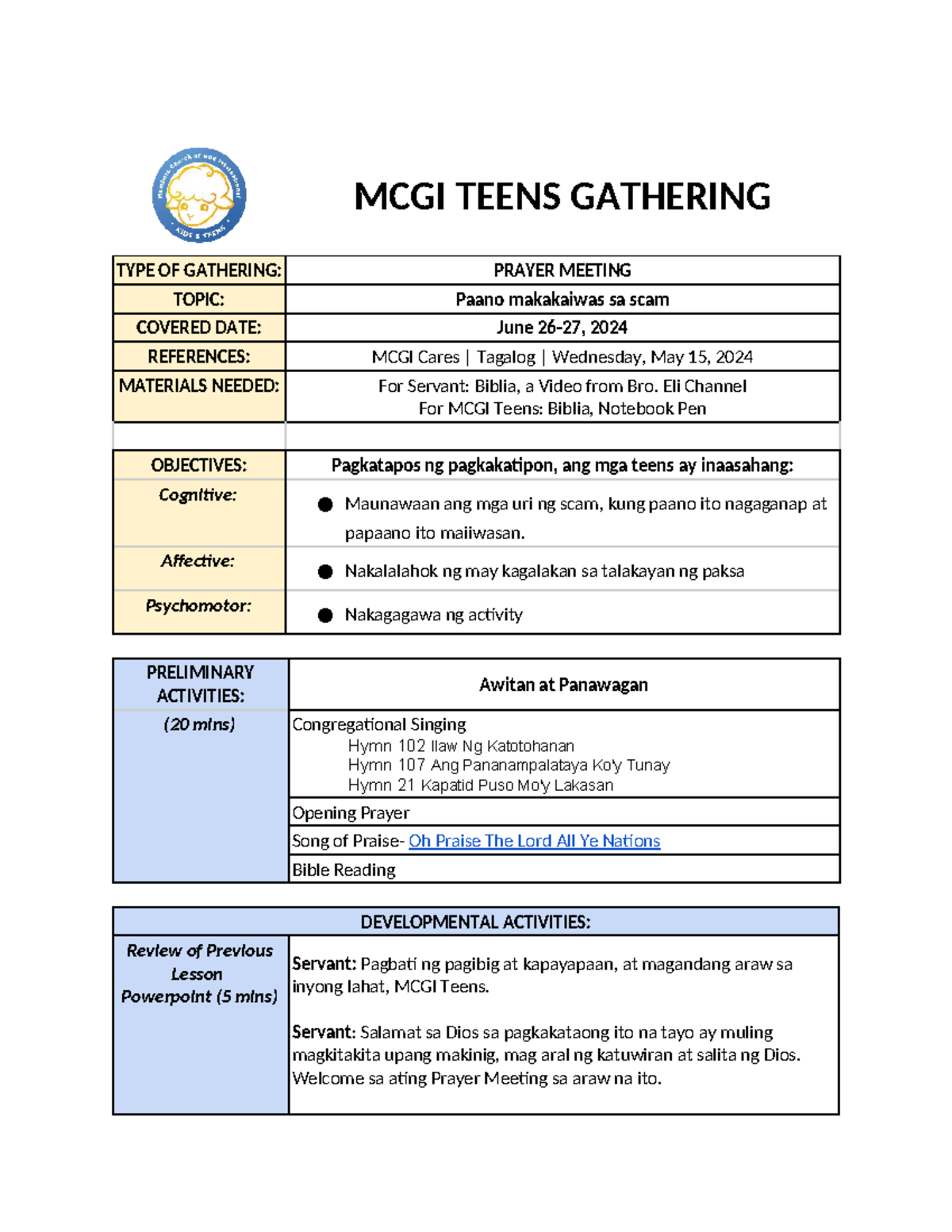 Mcgiteens PM W4 6 - lesson plan - MCGI TEENS GATHERING TYPE OF ...