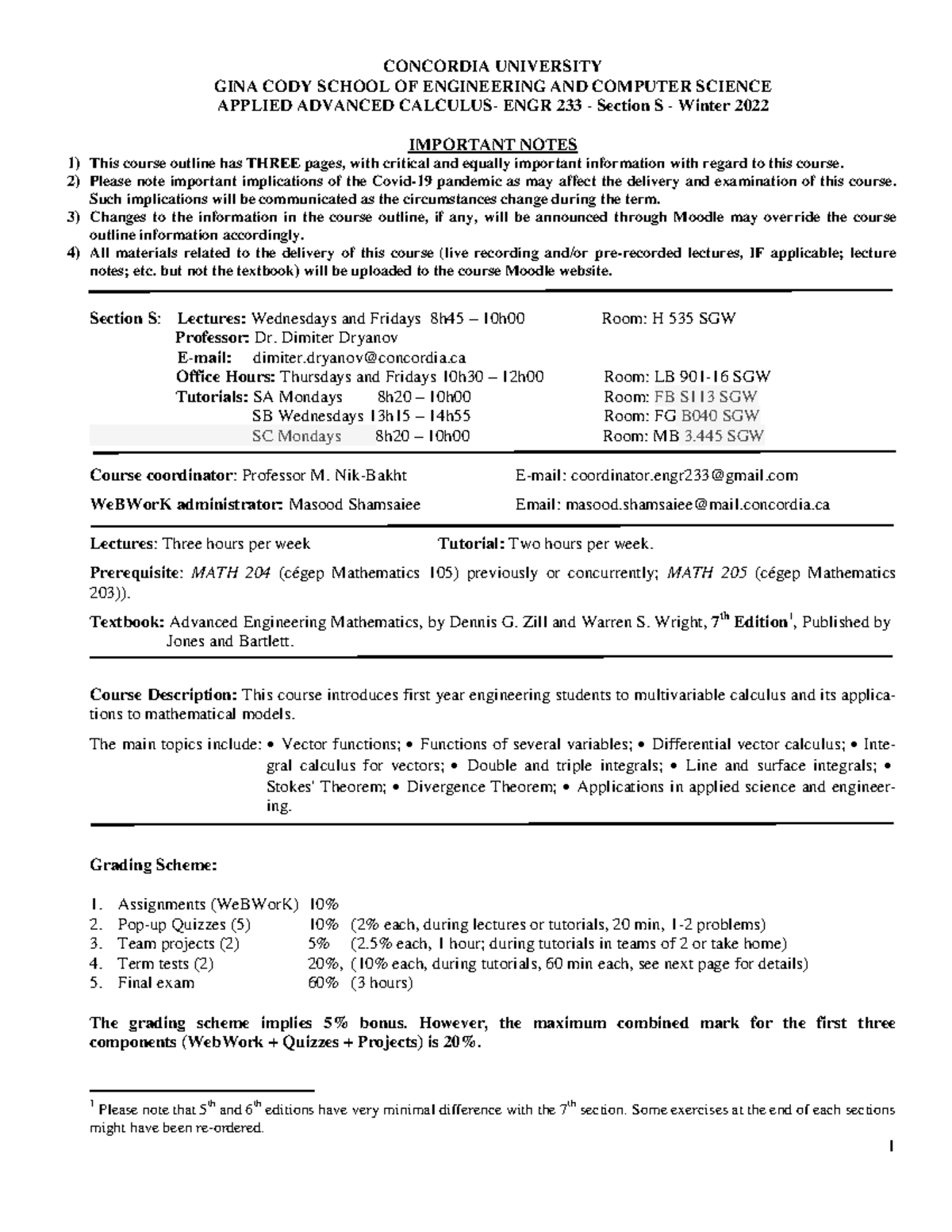ENGR 233 Section S Winter 2022 Outline - 1 CONCORDIA UNIVERSITY GINA CODY SCHOOL OF ENGINEERING ...