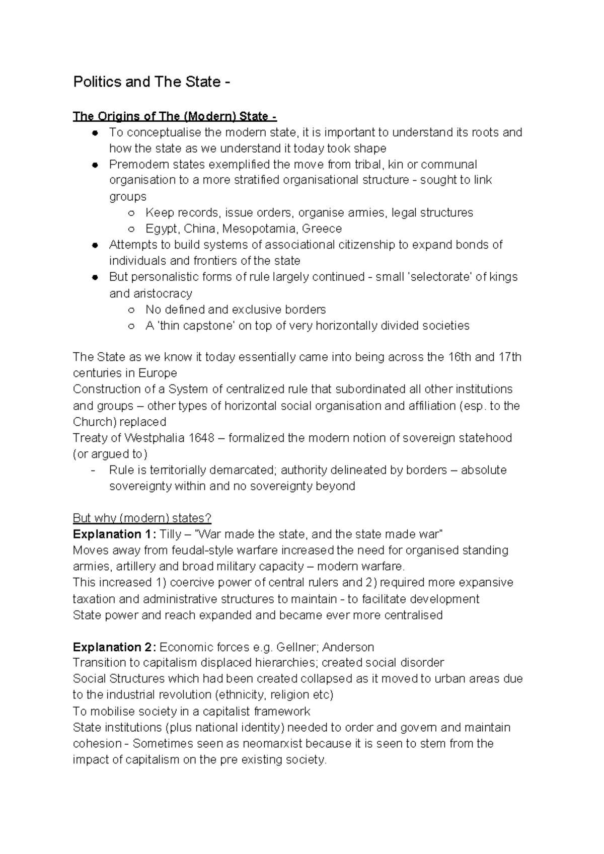 P Week 3 - Lecture notes 5-6 - Politics and The State - The Origins of ...