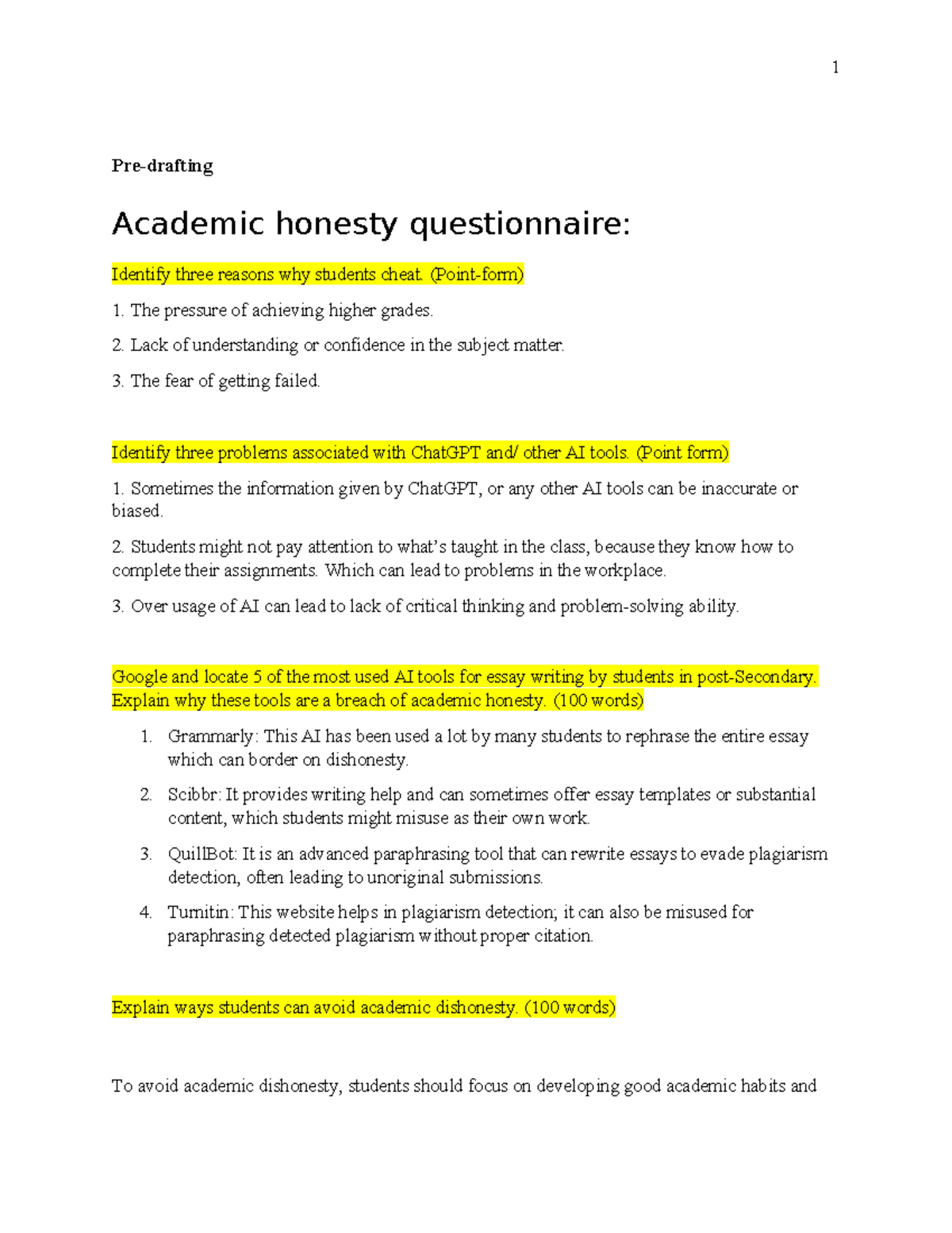 Project 1 Draft Template - Pre-drafting Academic honesty questionnaire ...