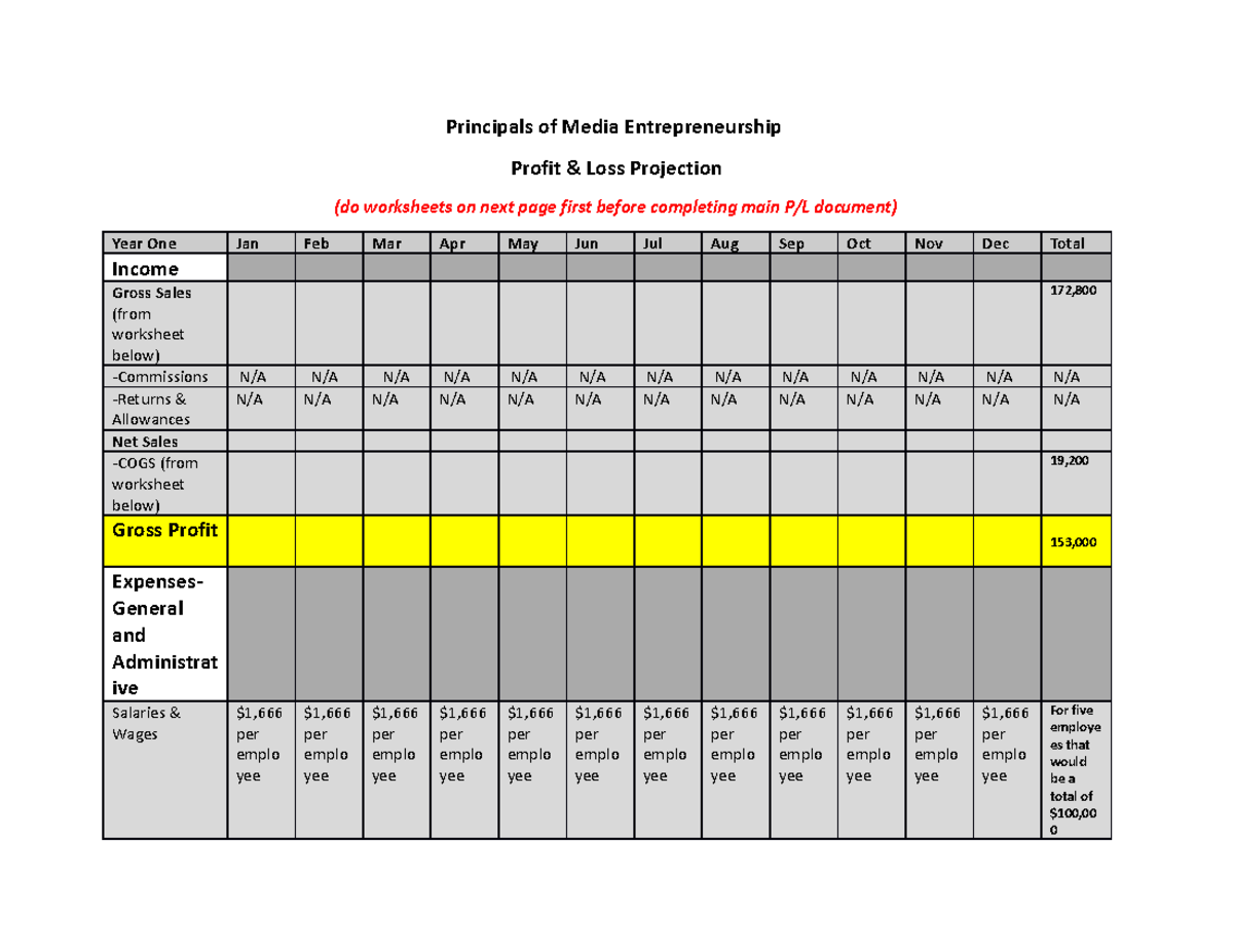 Profit and Loss Sheet.CW - Principals of Media Entrepreneurship Profit ...
