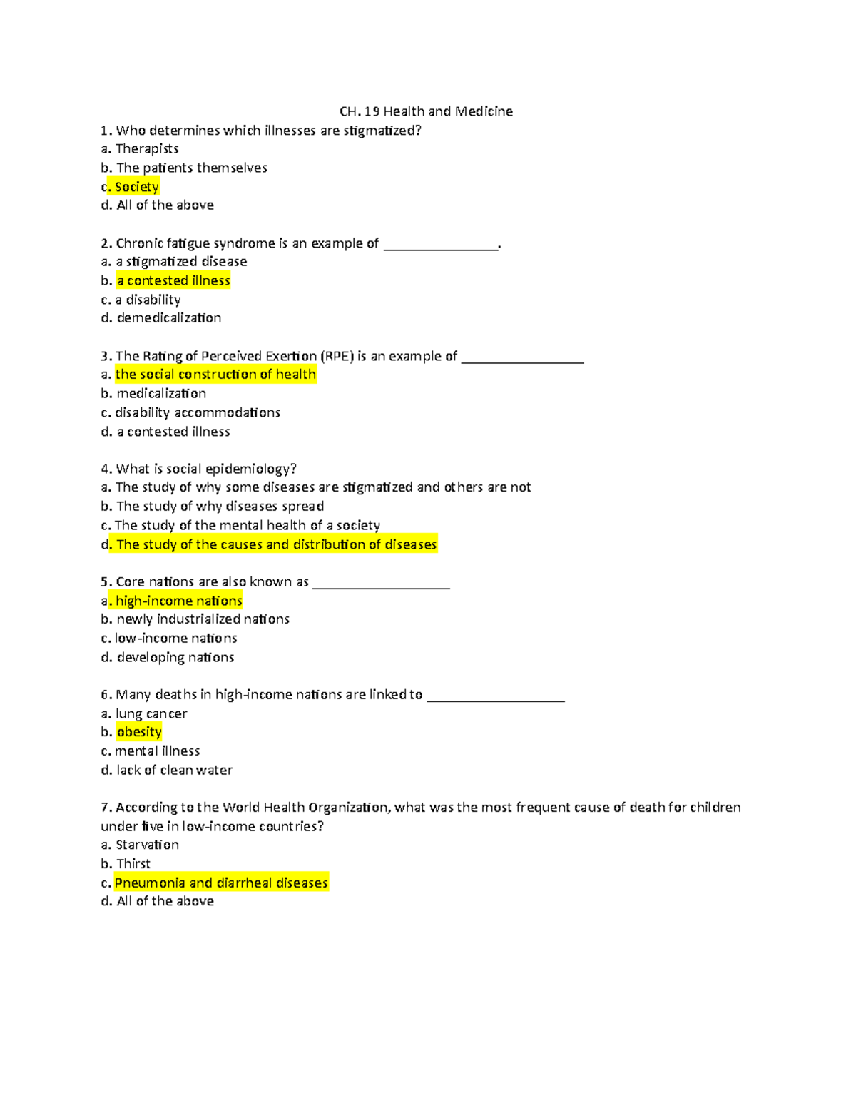 CH 19 answers - End of chapter answeres - CH. 19 Health and Medicine ...