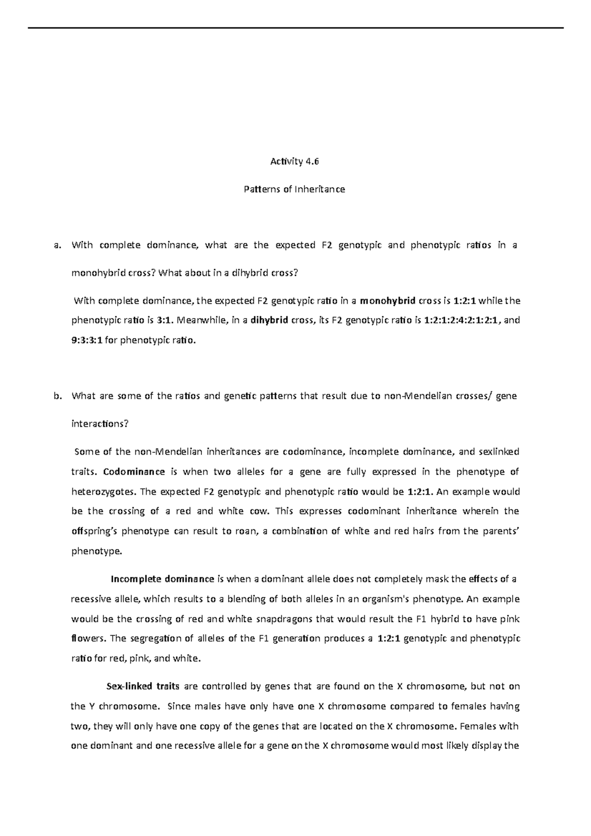 Activity 4 - Lecture Notes - Activity 4. Patterns of Inheritance a ...