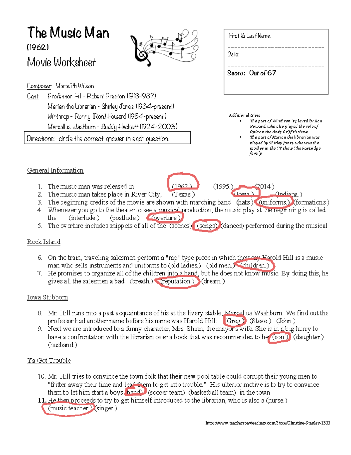 The Music Man Movie Worksheet - Additional trivia - The part of ...
