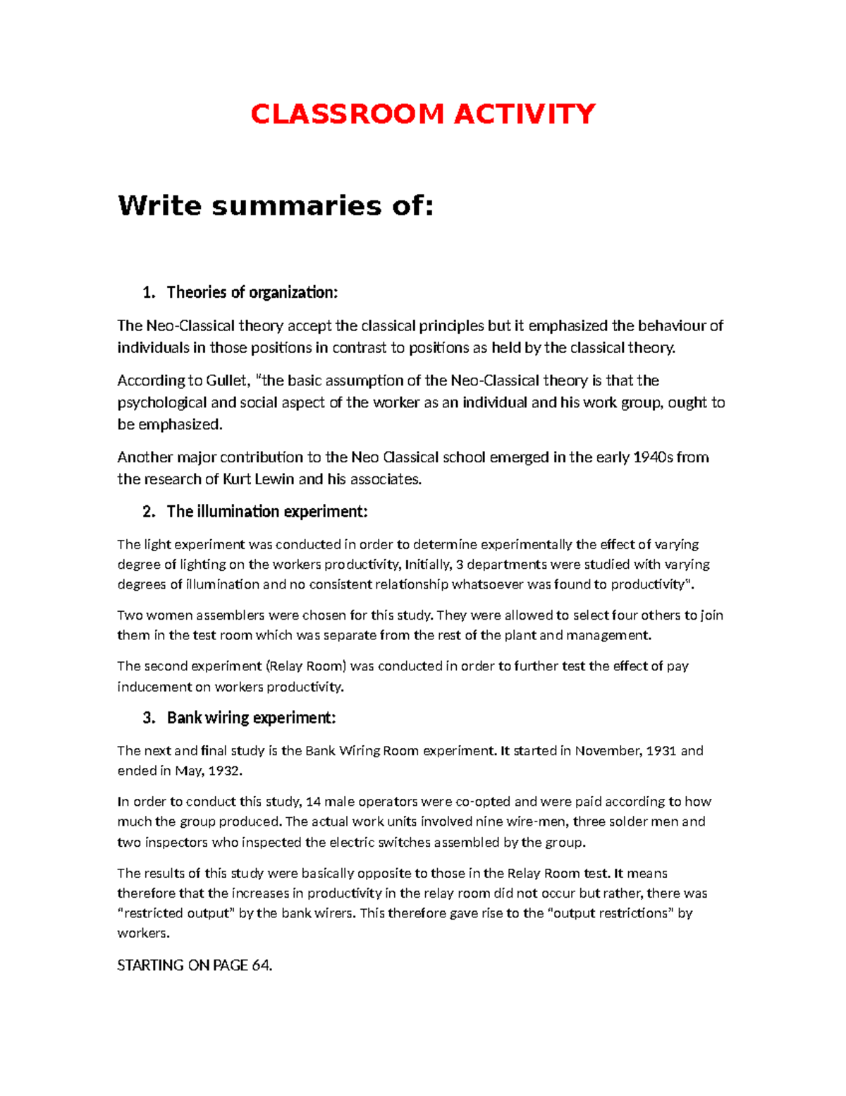 Classroom Activity - CLASSROOM ACTIVITY Write summaries of: 1. Theories ...