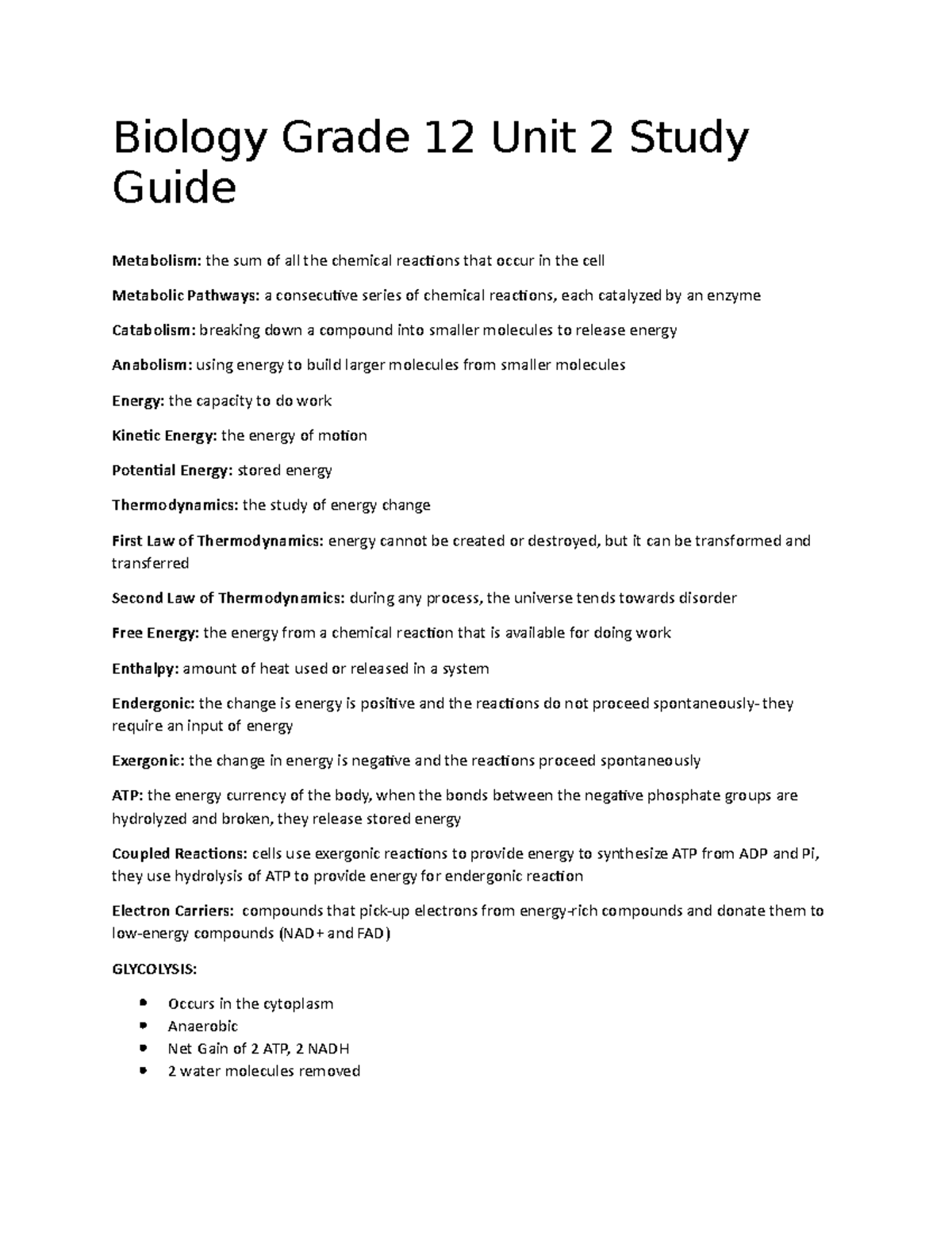 Biology Grade 12 Unit 2 Study Guide - Biology Grade 12 Unit 2 Study ...