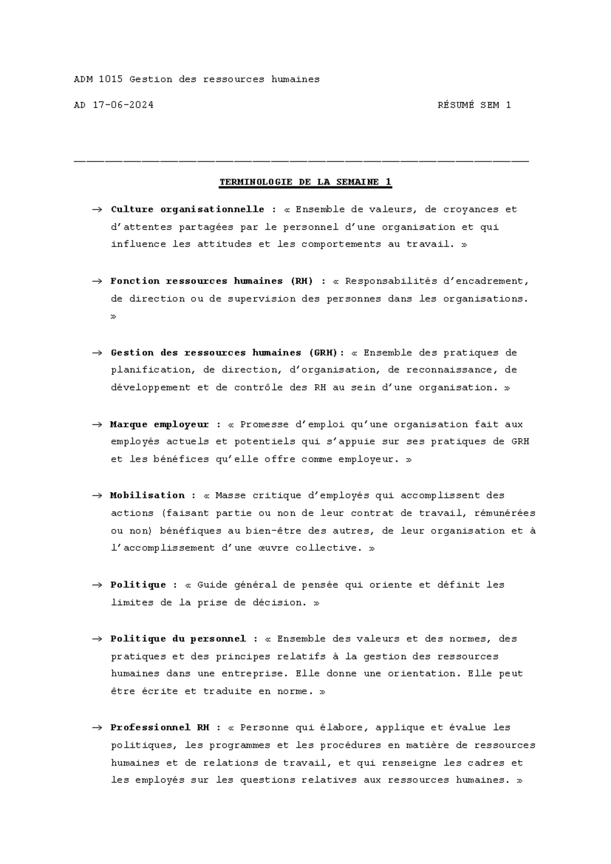 Sem 1 ADM 1015 - Note de cours semaine 1 - ADM 1015 Gestion des ...