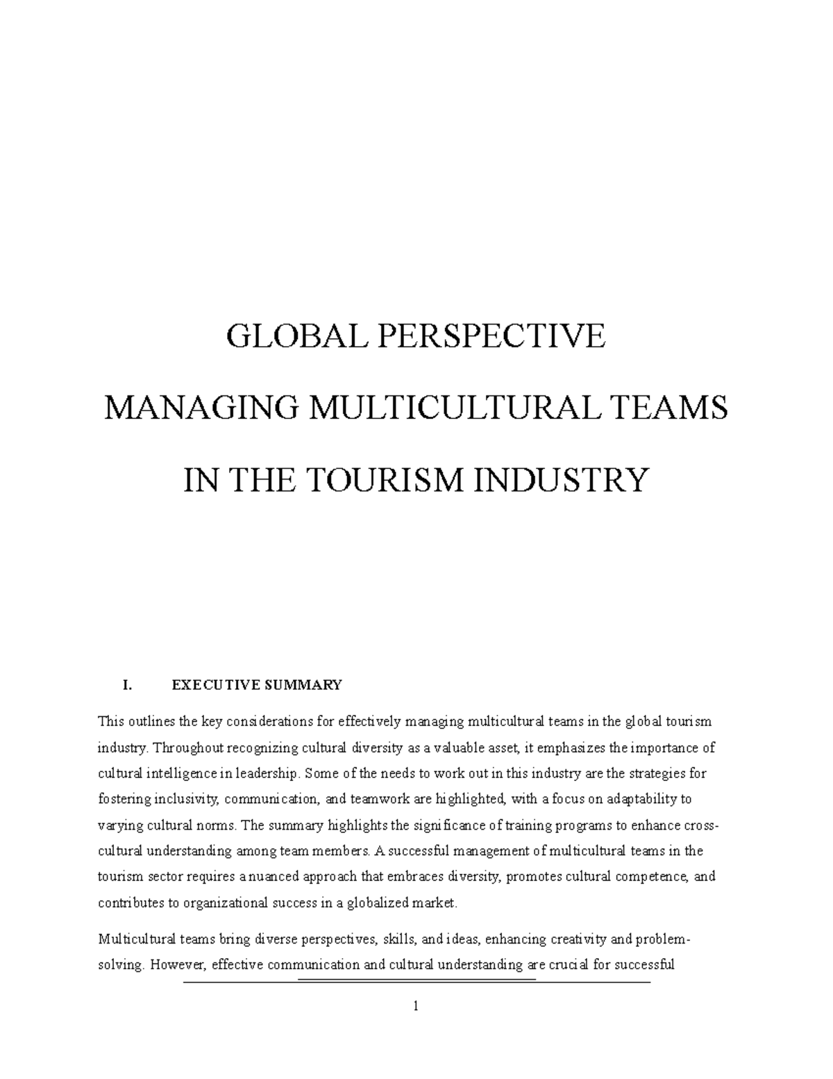 Multicultural Group Case Study - GLOBAL PERSPECTIVE MANAGING MULTICULTURAL TEAMS IN THE TOURISM ...
