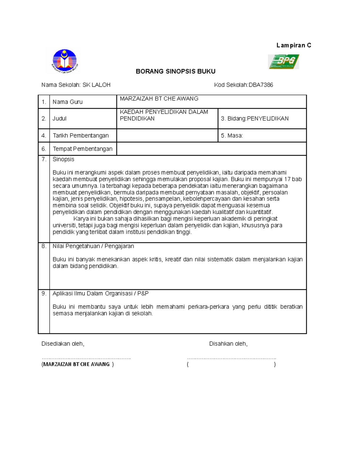 Sinopsis sekolah - ldp book synopsis - Lampiran C BORANG SINOPSIS BUKU ...
