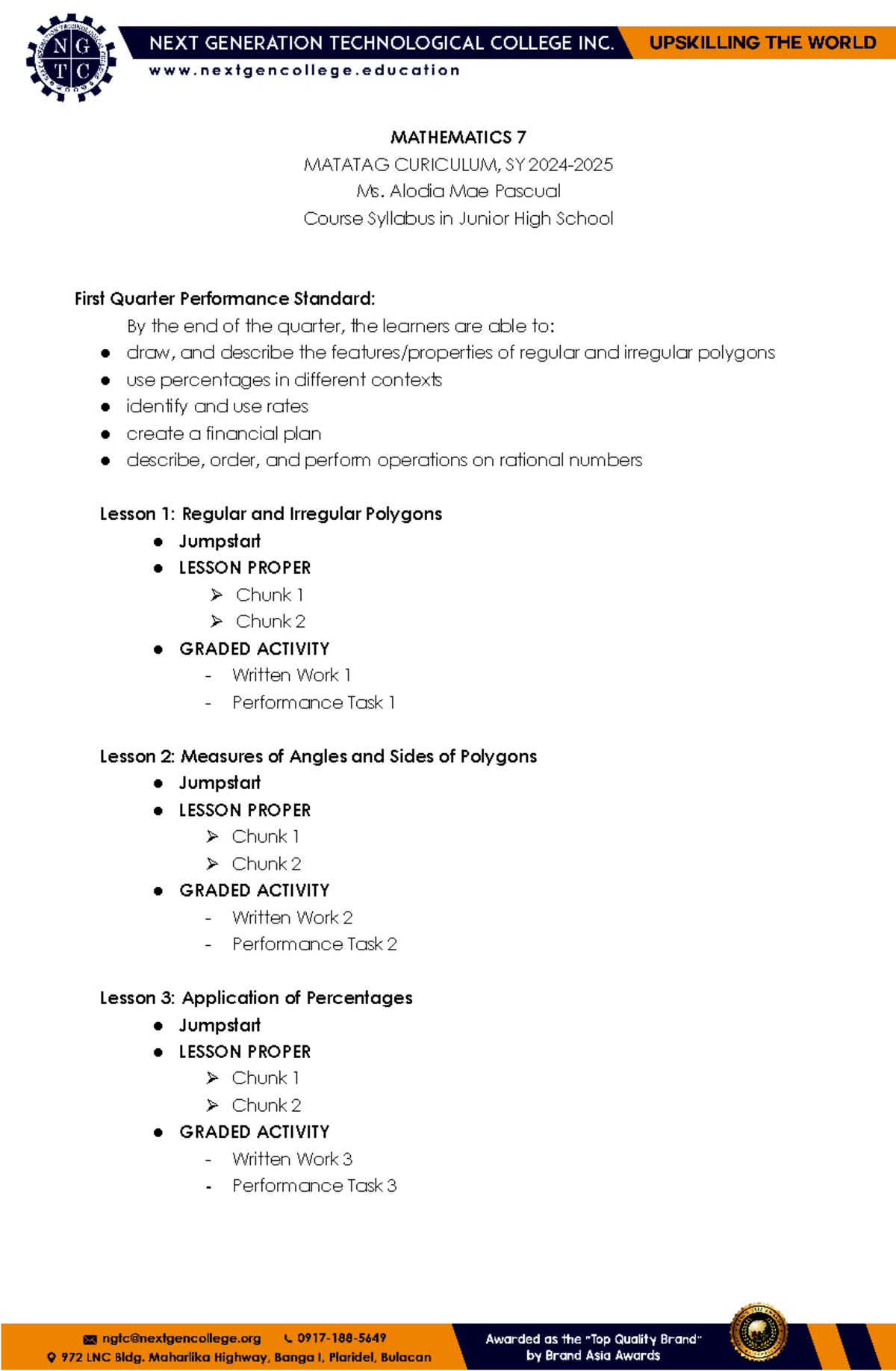 Syllabus Matatag MATH 7 - MATHEMATICS 7 MATATAG CURICULUM, SY 2024- Ms ...